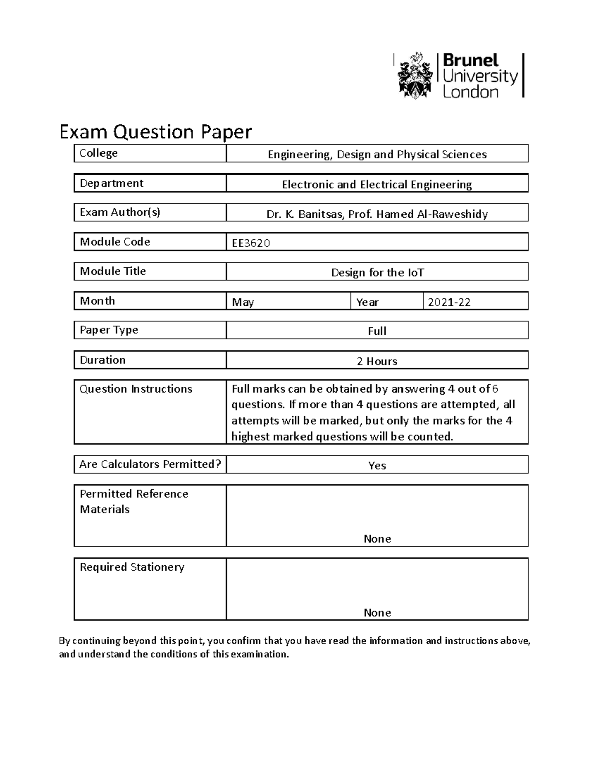 EE3620 May 2022 Final - Exam Paper - Exam Question Paper College ...