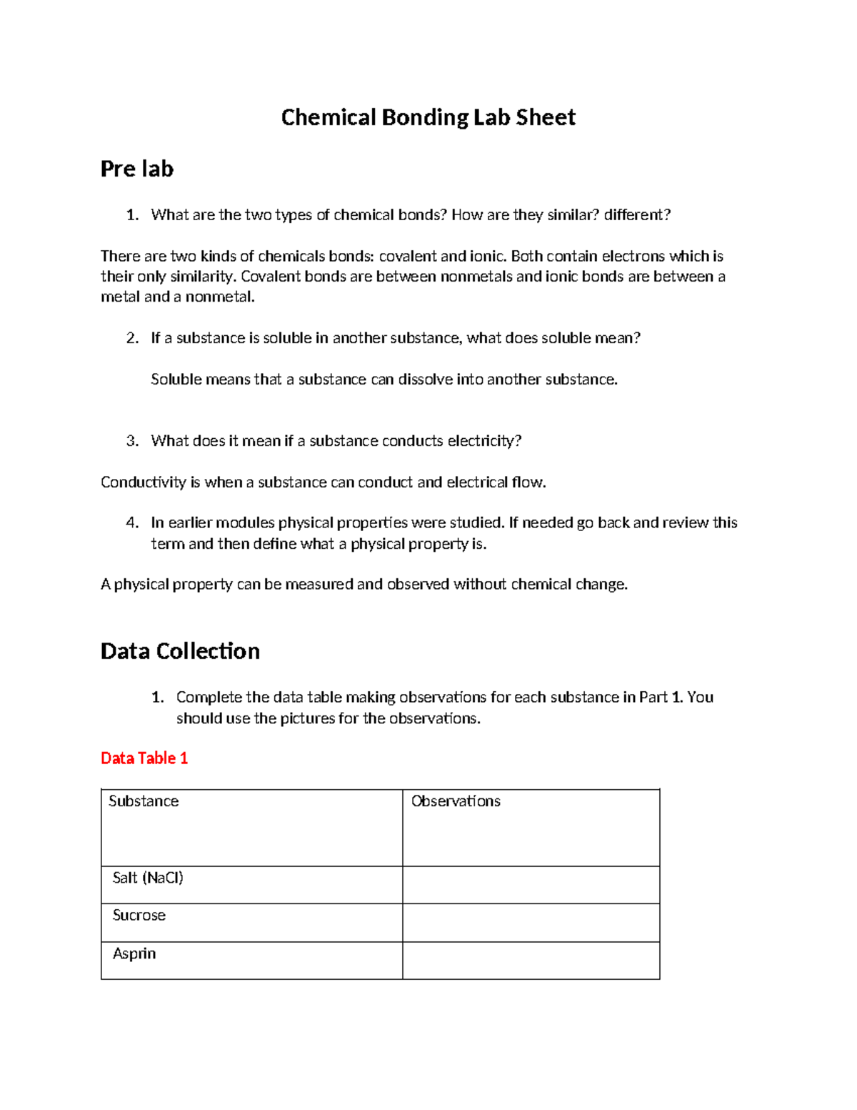 Chemical Bonding Lab 1 - What are the two types of chemical bonds? How ...
