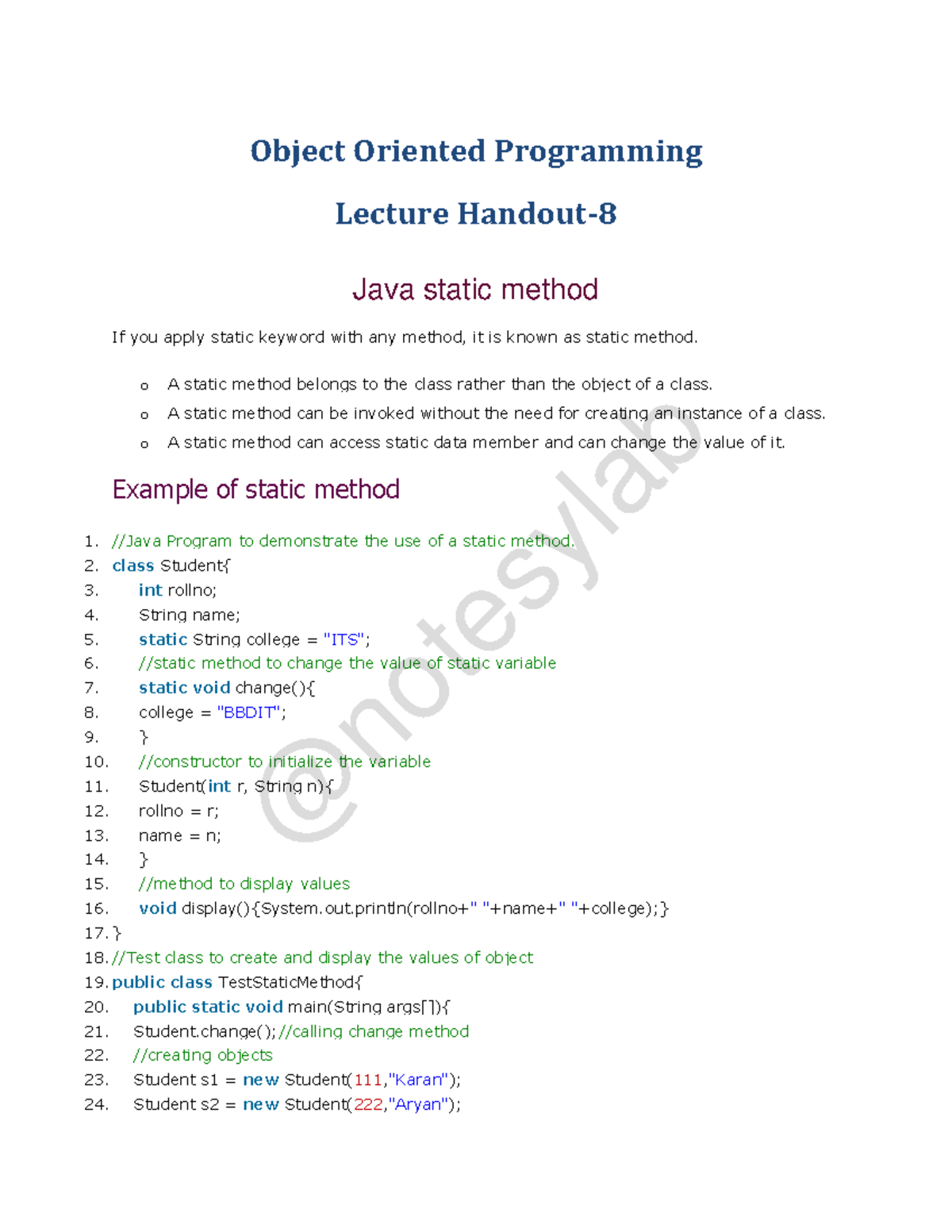 Obj 8-Static methods in java - Object Oriented Programming Lecture ...