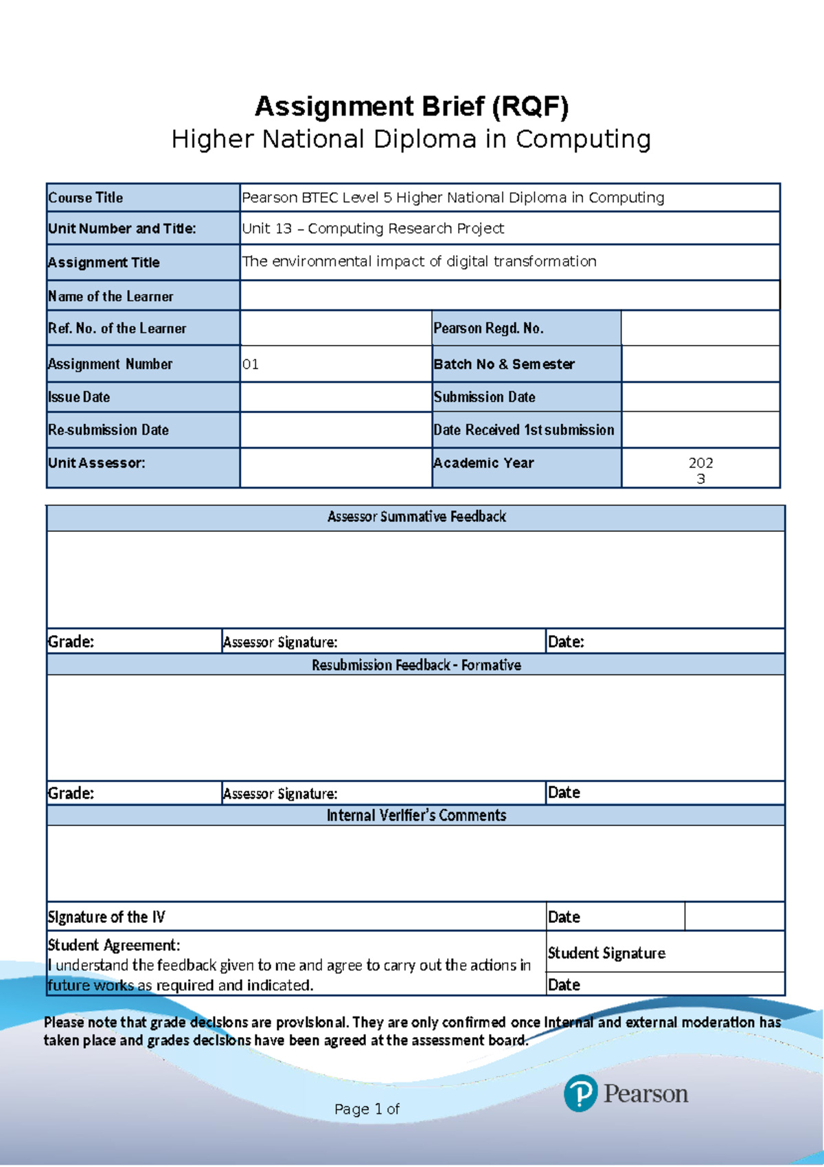 Assignment Brief - Computing Research Project - Assignment Brief (RQF) Higher National Diploma ...