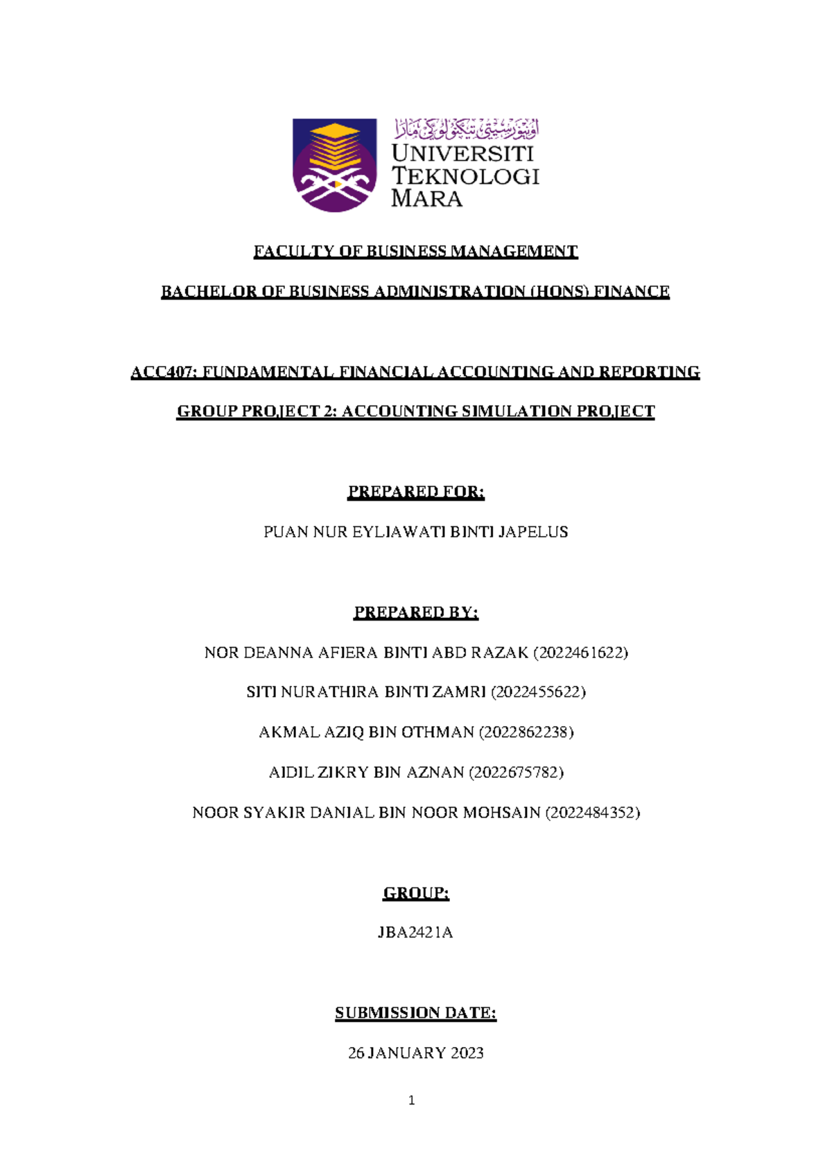 GROUP PROJECT 2: ACCOUNTING SIMULATION PROJECT - FACULTY OF BUSINESS ...