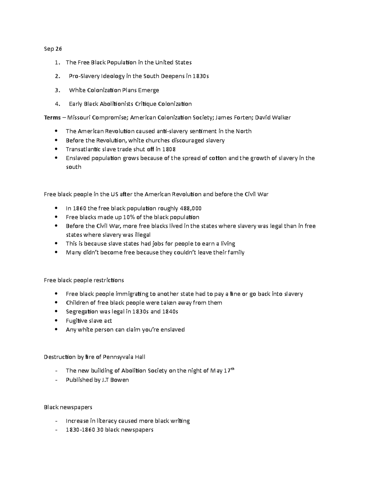 The Pre-Civil War Black Freedom Struggle, Part 1 - Sep 26 The Free ...