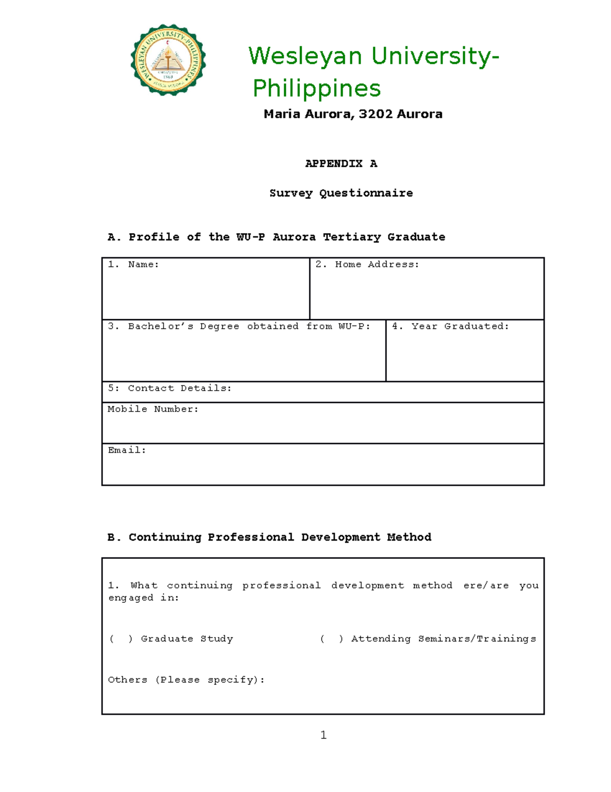 Appendix - Philippines Maria Aurora, 3202 Aurora APPENDIX A Survey ...