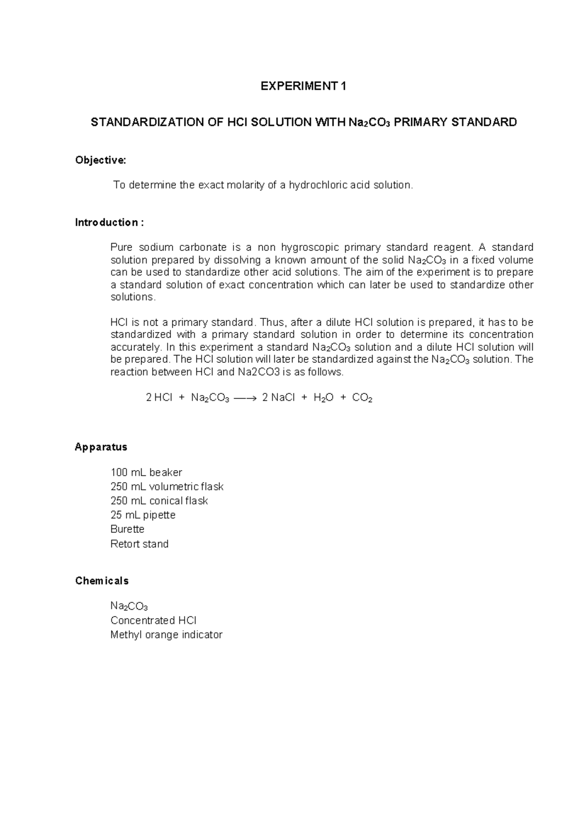 EXP 1B LAB Manual + Report Sheet - EXPERIMENT 1 STANDARDIZATION OF HCl ...