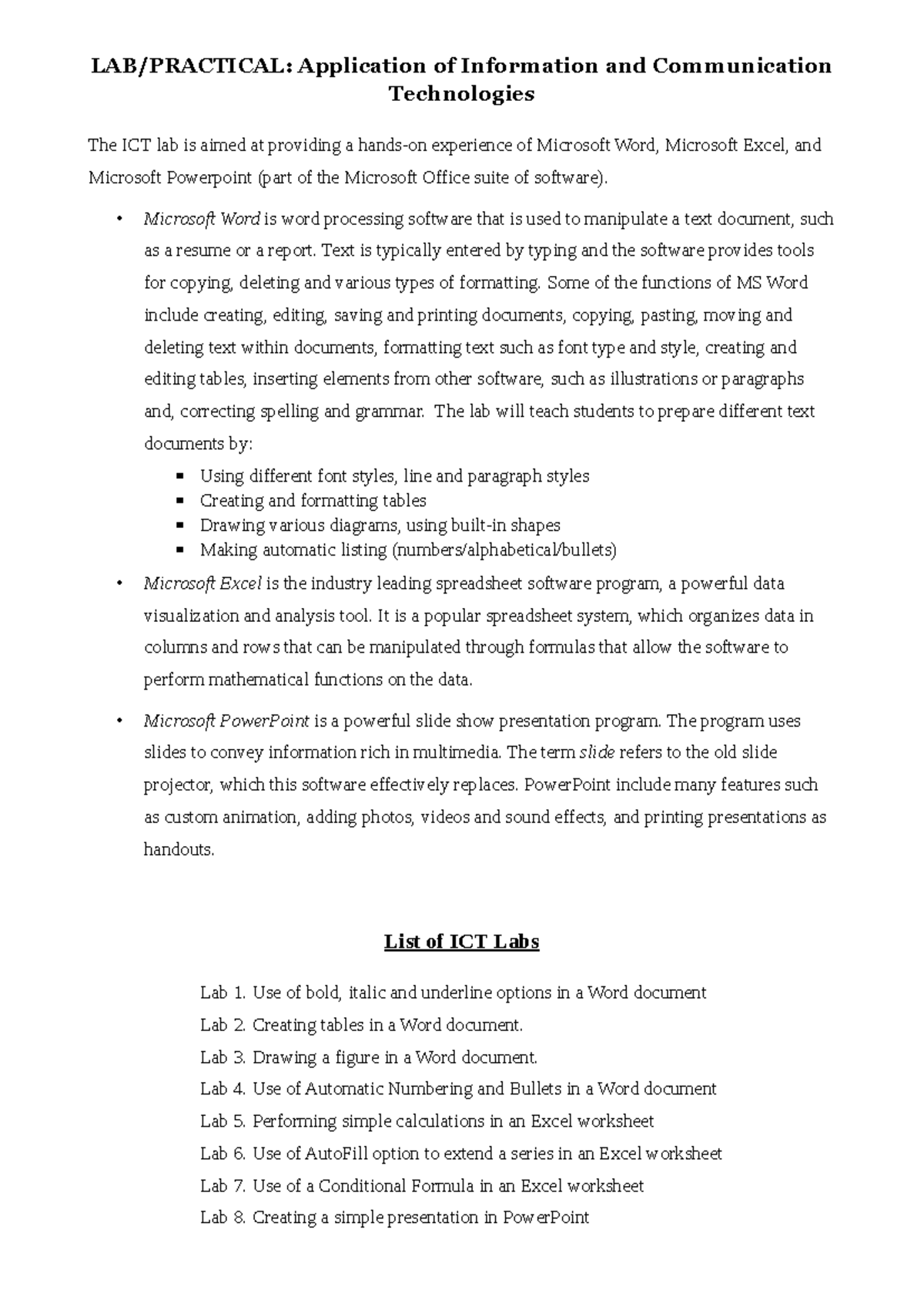 Application of ICT (Labs) - LAB/PRACTICAL: Application of Information ...