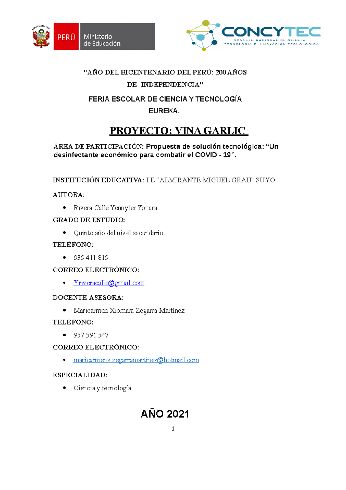 VINA Garlic - proyecto eureka - "AÑO DEL BICENTENARIO DEL PERÚ: 200 ...