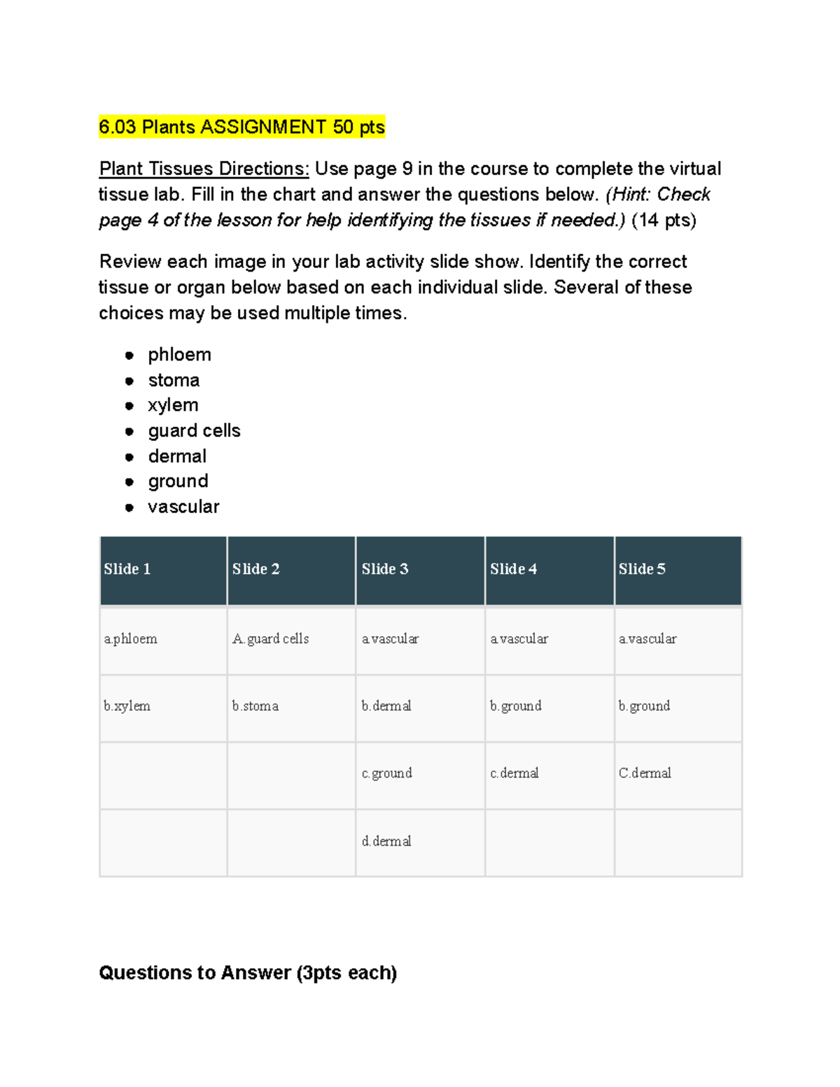 Copy of Bio 603 Plants Notes and Assignment - 6 Plants ASSIGNMENT 50 ...
