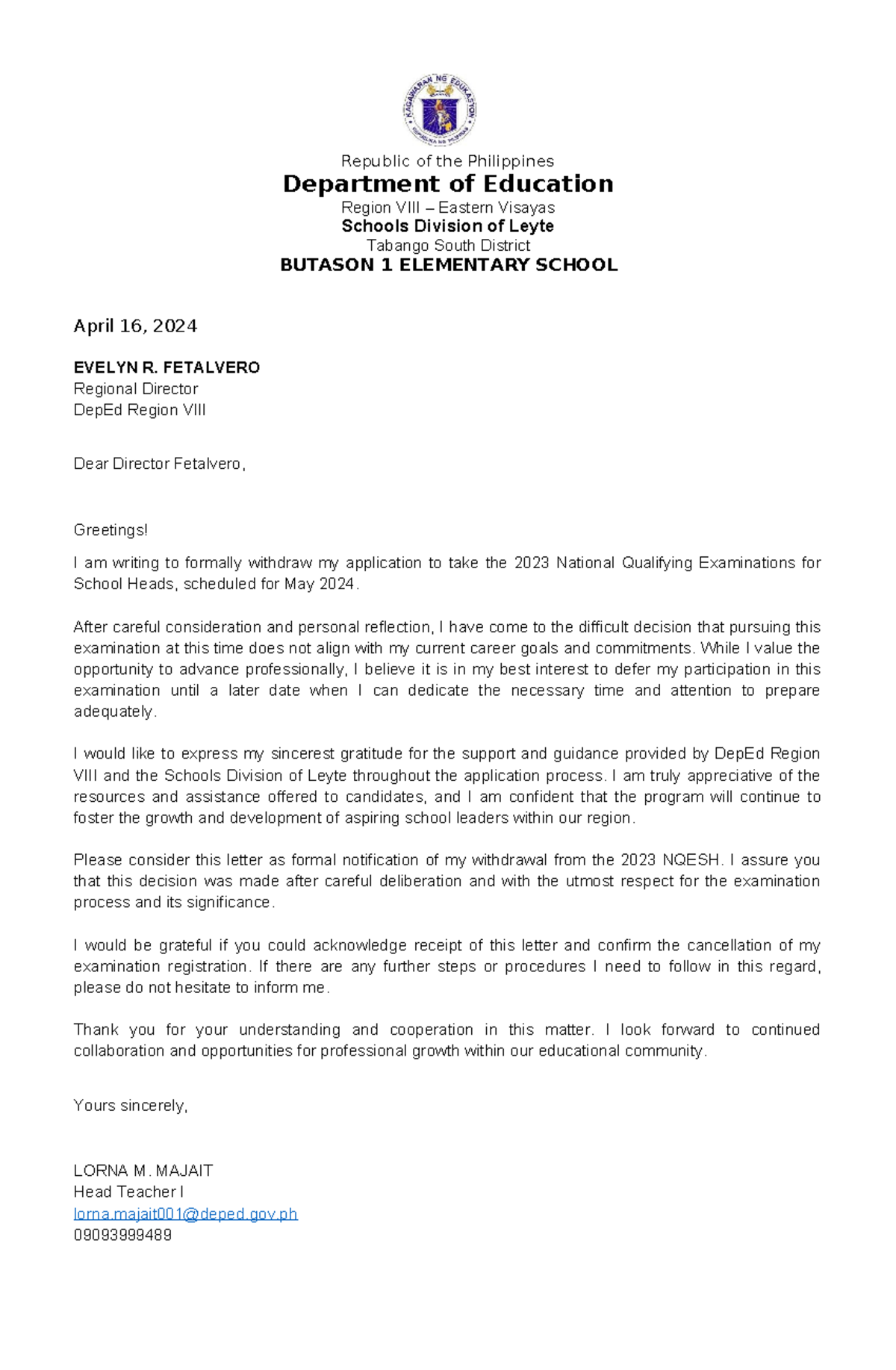 Withdrawal Letter - Republic of the Philippines Department of Education ...