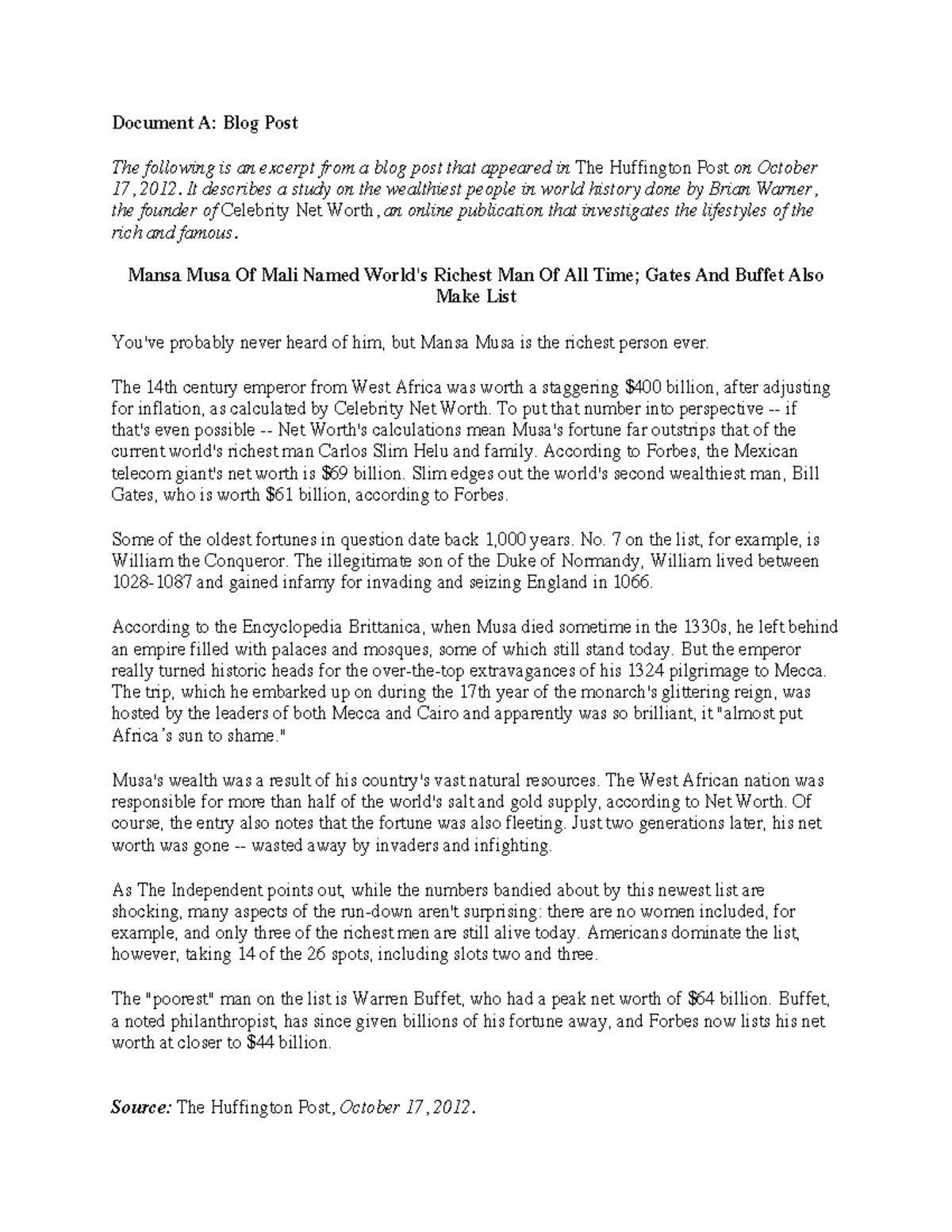 Mansa Musa Original Documents - Document A: Blog Post The following is ...