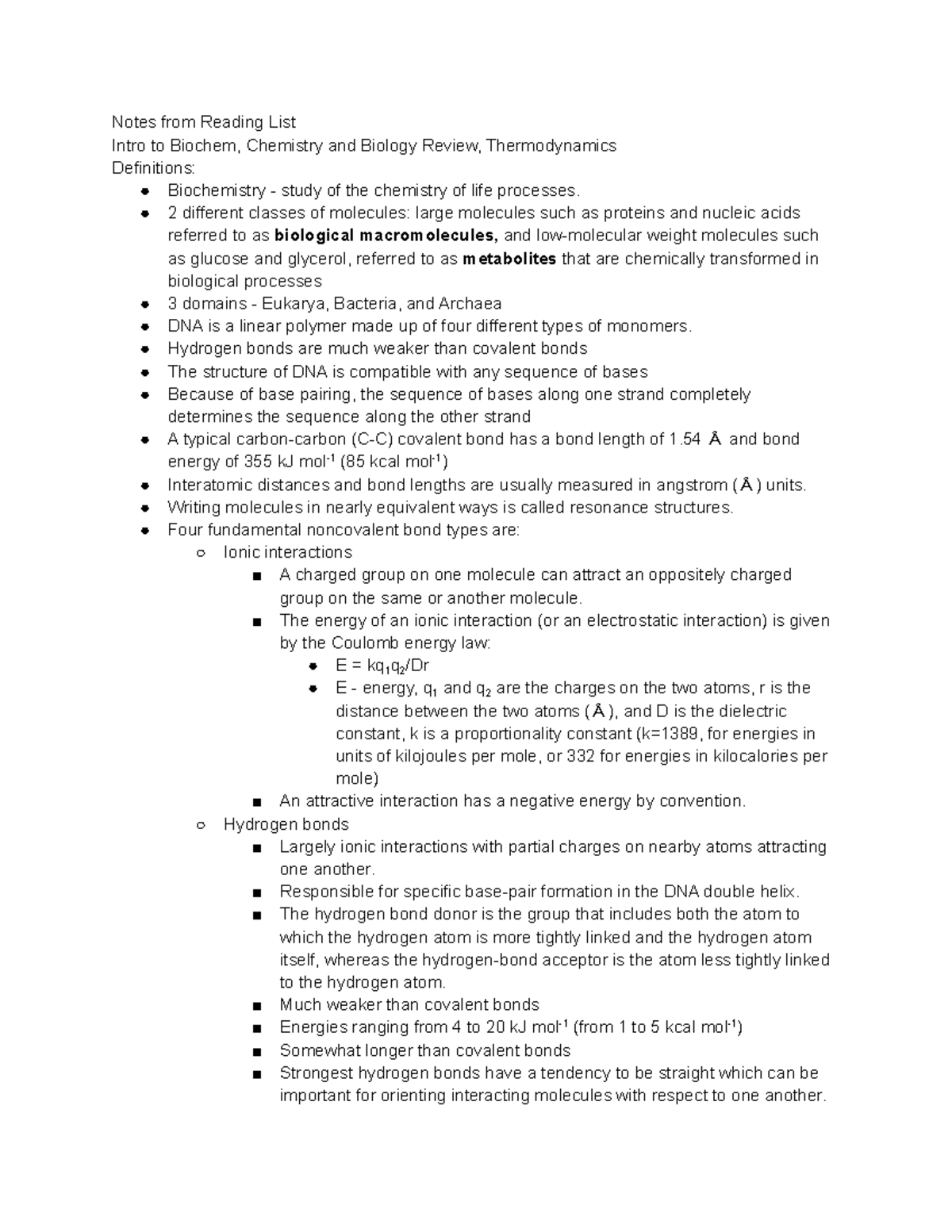BMB 401 Notes - Notes from Reading List Intro to Biochem, Chemistry and ...