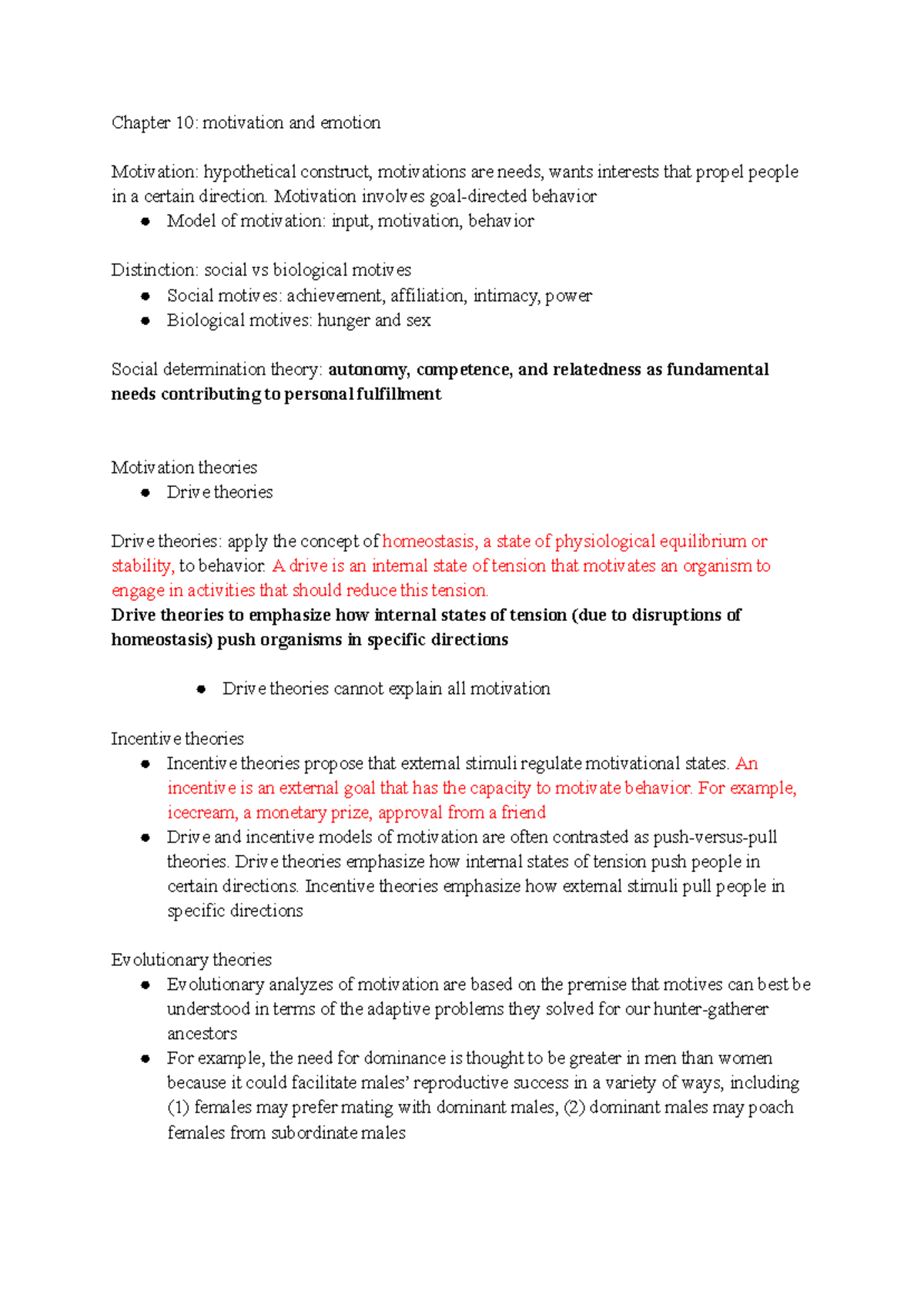 Psyc 1010 ch 10 - lecture and textbook notes - Chapter 10: motivation ...