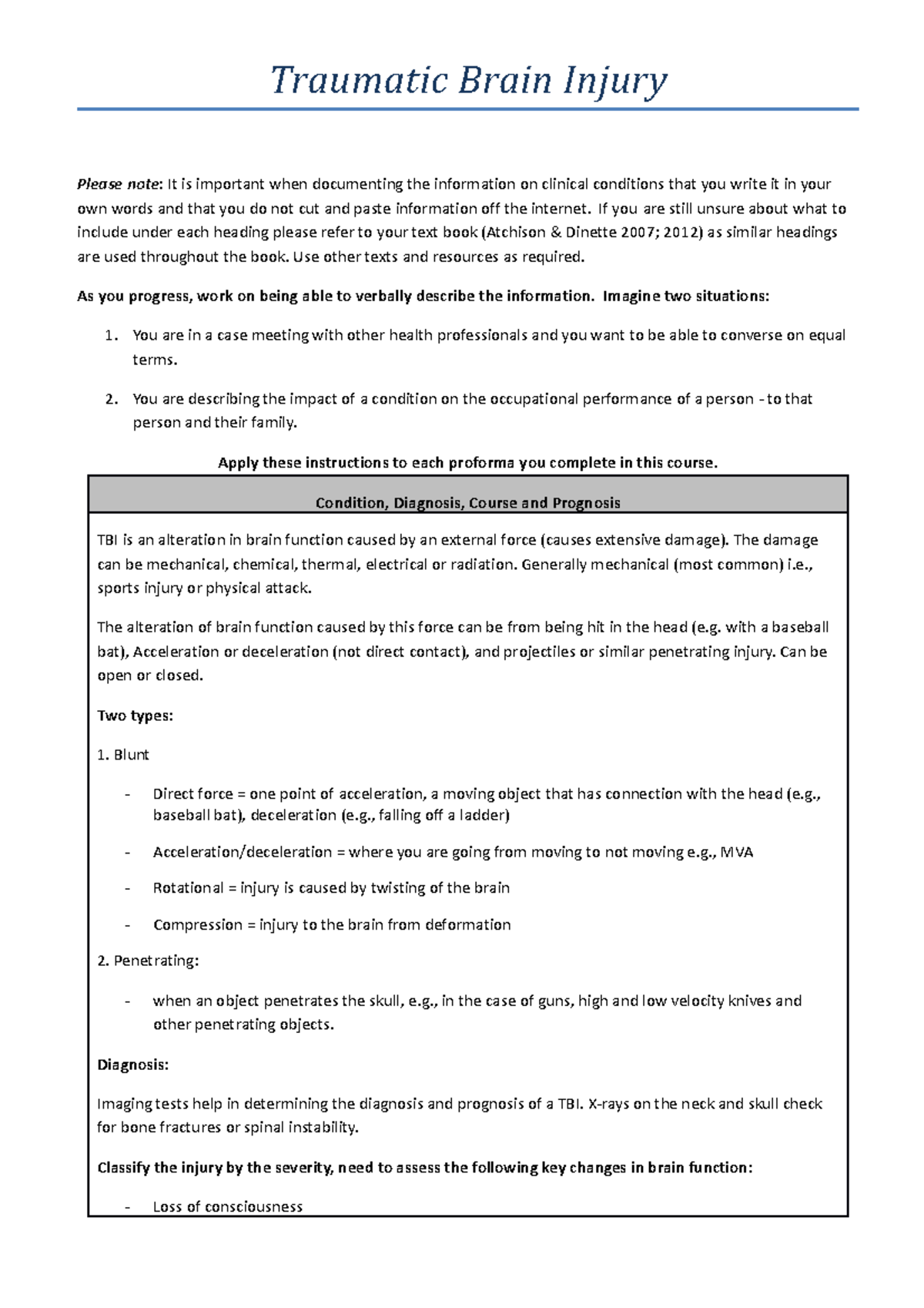 TBI - Proforma - Traumatic Brain Injury Please note: It is important ...
