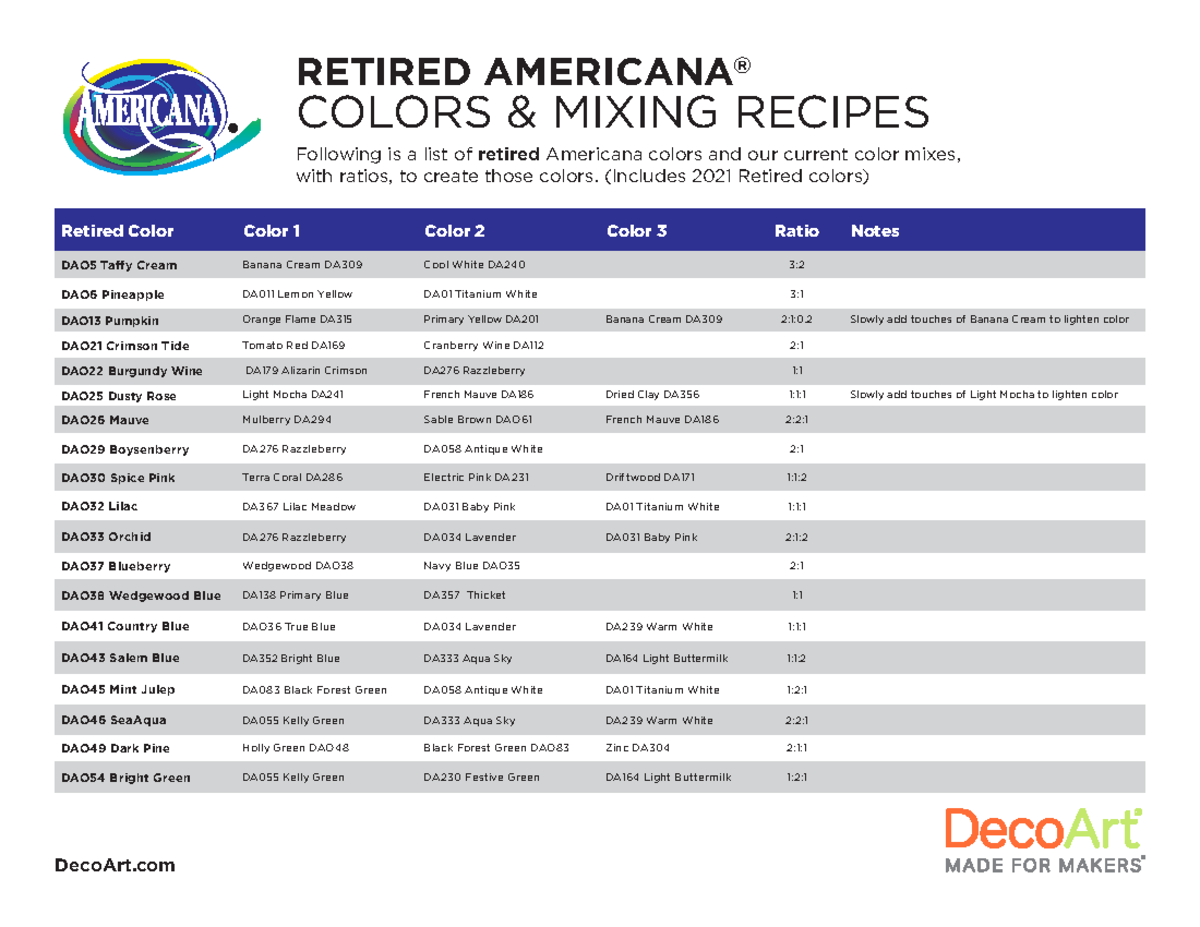 Americana Retired Colors And Mixing Chart - RETIRED AMERICANA ® COLORS ...