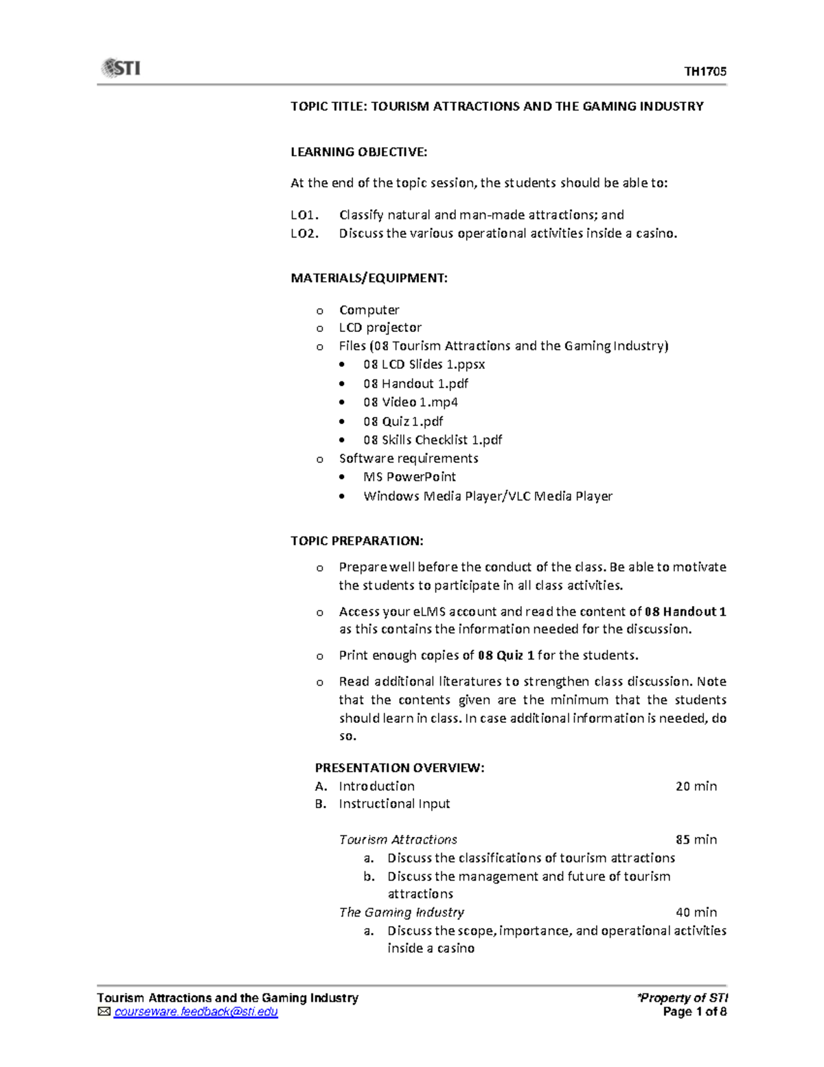 08 Instructor's Guide - PRACTICAL - Tourism Attractions and the Gaming ...