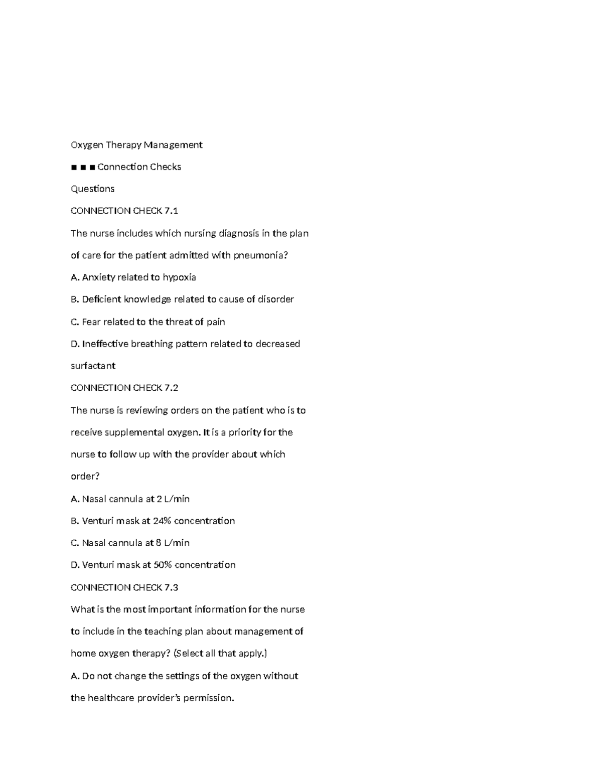 Chapter 7 connection questions - Oxygen Therapy Management Connection ...