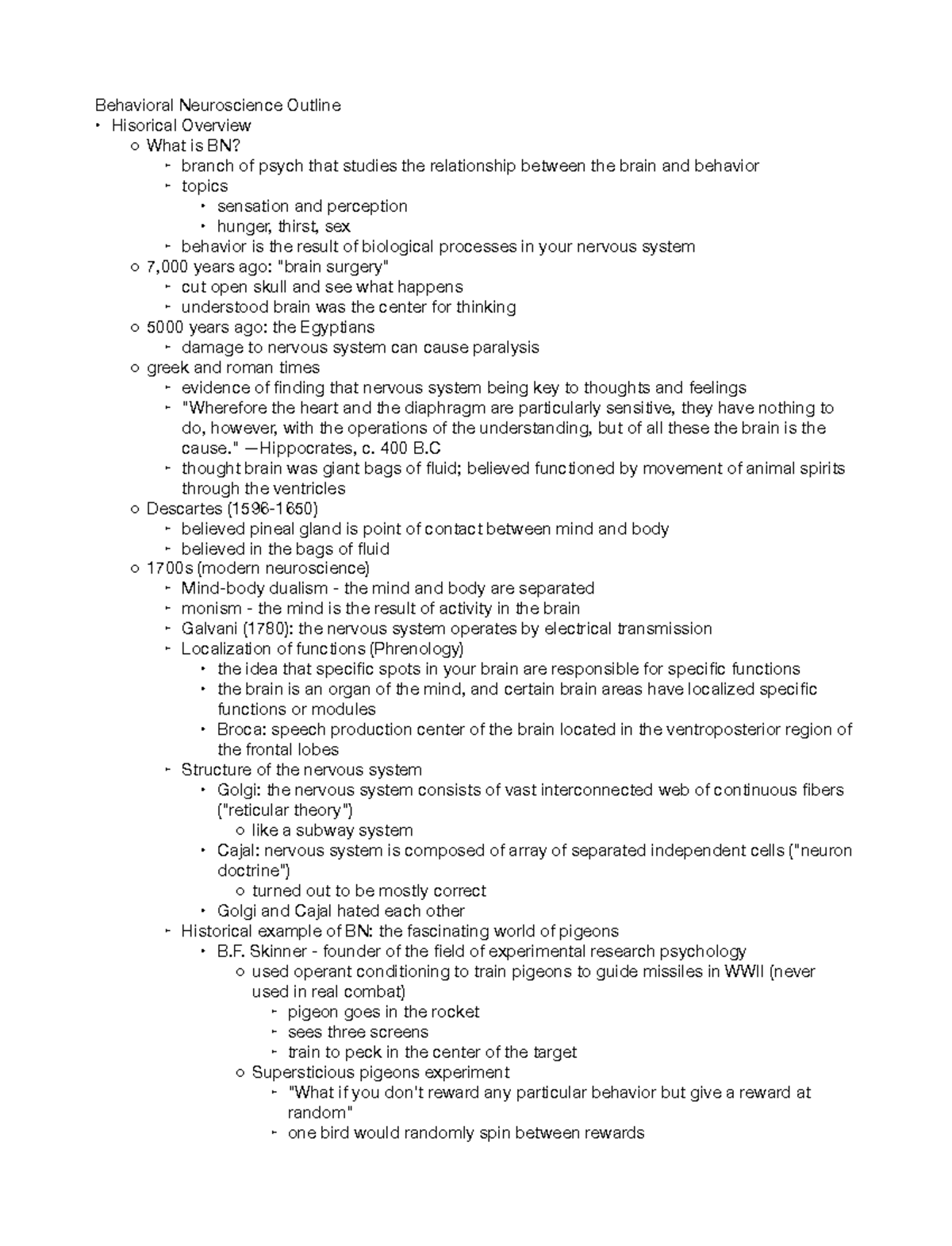 1-11 Lecture Neuroscience - Behavioral Neuroscience Outline Hisorical ...