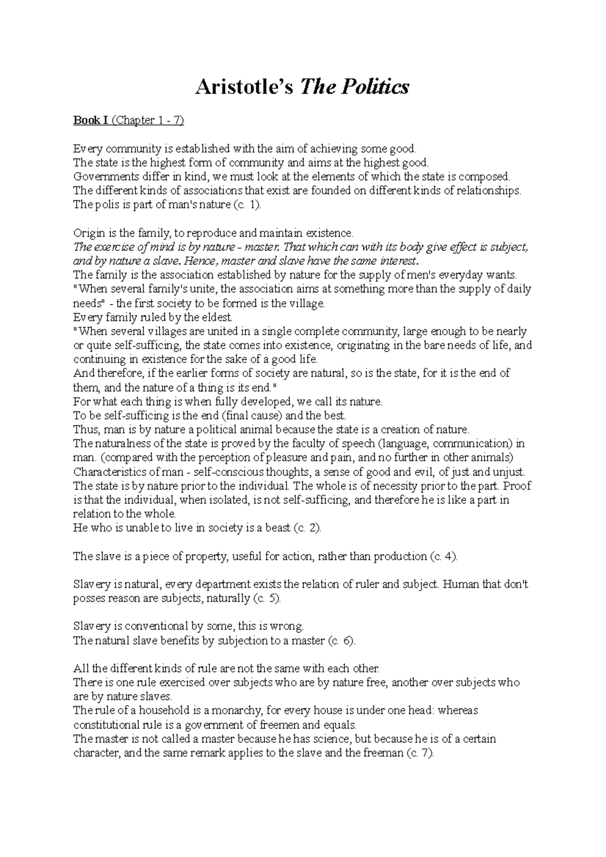 Aristotle - Aristotle’s The Politics Book I (Chapter 1 - 7) Every ...