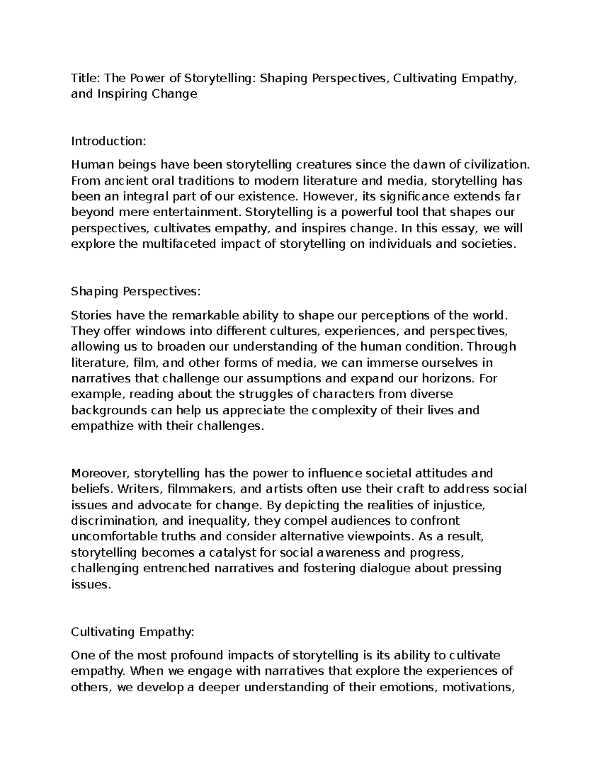 Upload 1 - essay - Title: The Power of Storytelling: Shaping ...
