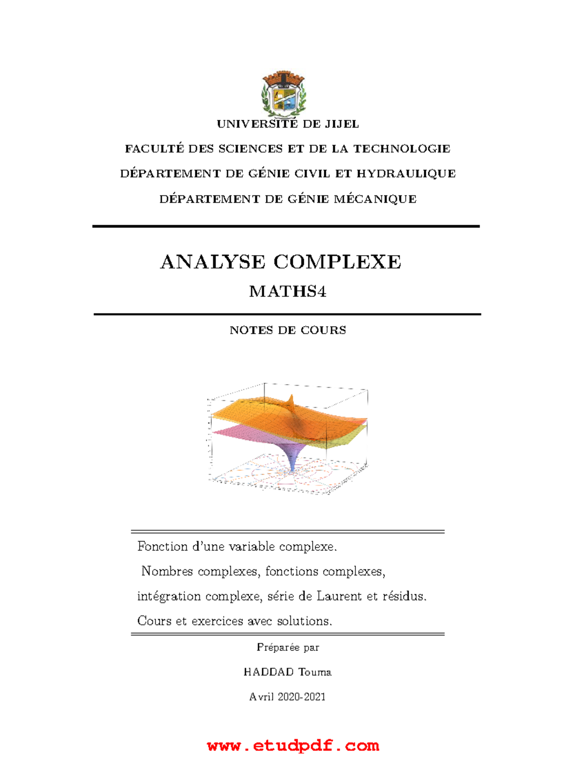 Mathématiques 4 - Cours - UNIVERSIT ́E DE JIJEL FACULT ́E DES SCIENCES ET DE LA TECHNOLOGIE D ...