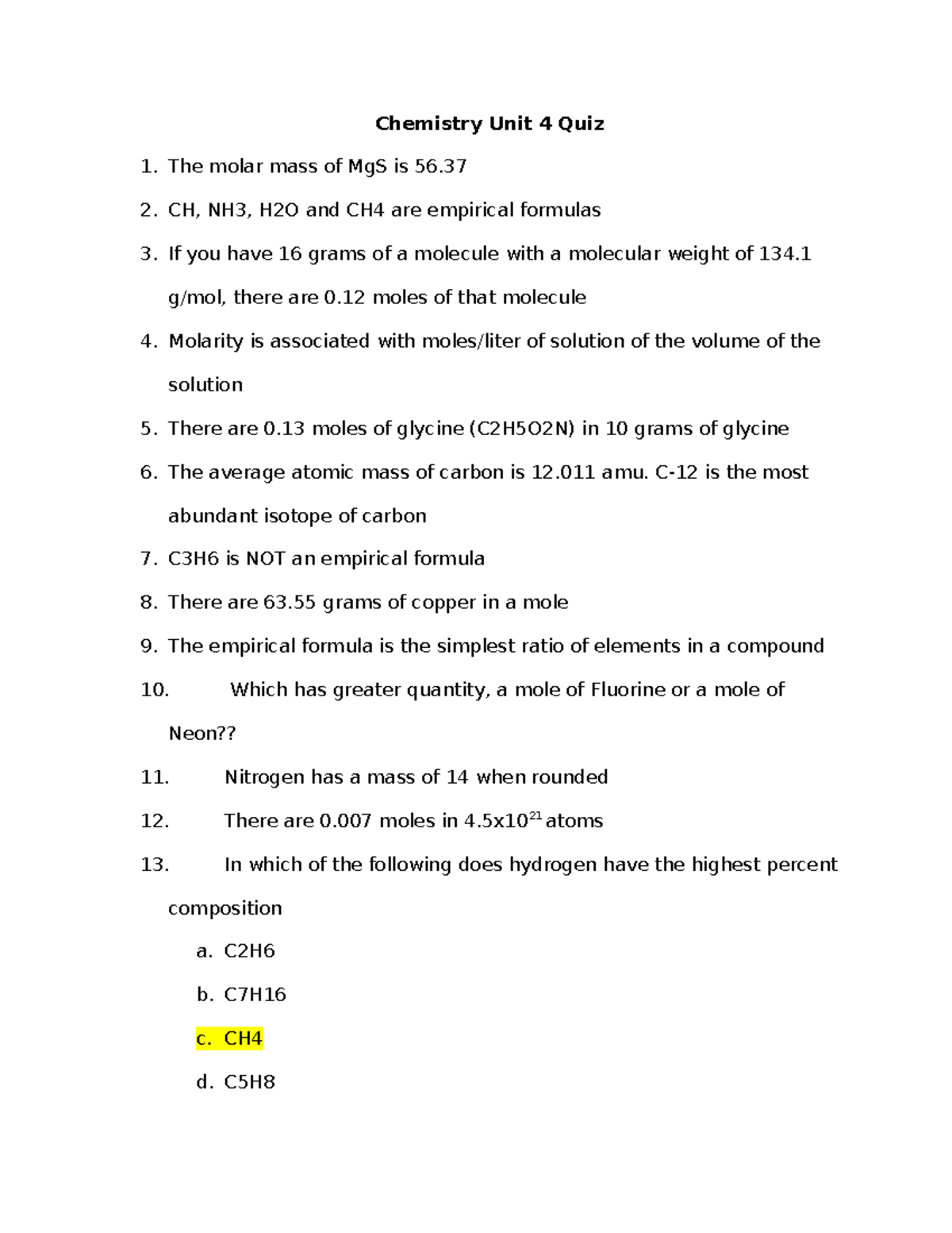 Chemistry Unit 4 Quiz - Quiz for unit 4 - Chemistry Unit 4 Quiz The ...