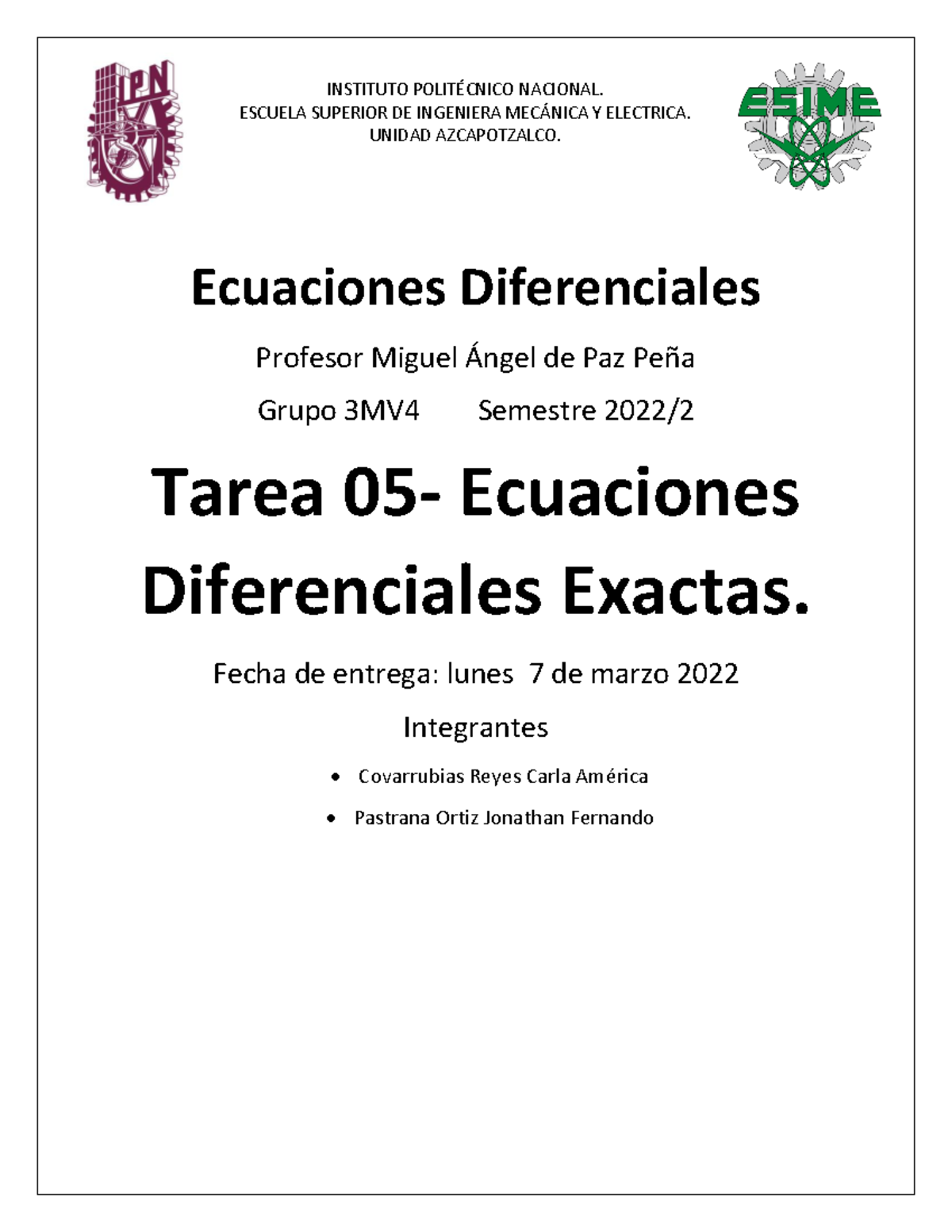 Tarea 05 Ecuaciones Diferenciales Exactas - ####### INSTITUTO POLITÉCNICO NACIONAL ...