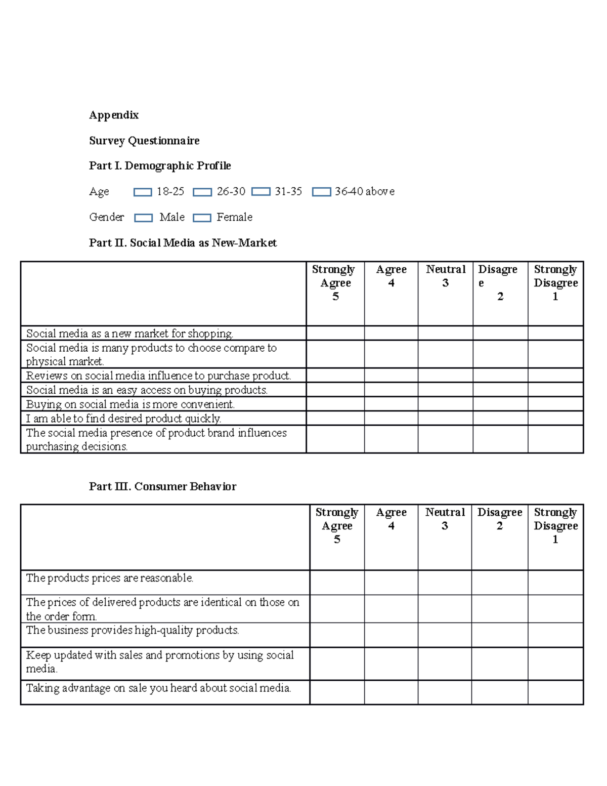 Survey Questionnaire - Appendix Survey Questionnaire Part I ...