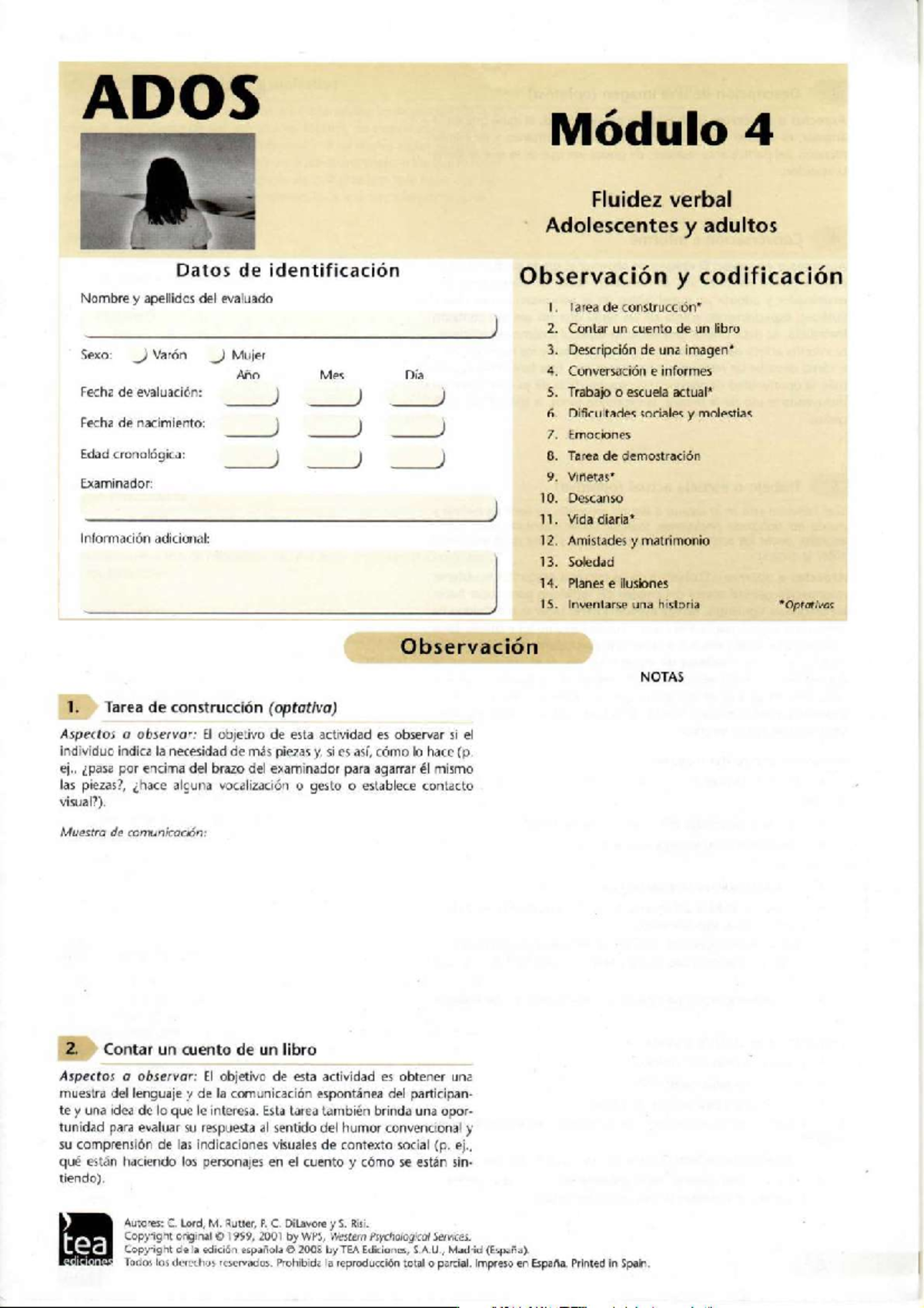 ADOS-modulo-4 - Test ados - ADOS Módulo 4 Fluidez verbal Adolescentes y ...