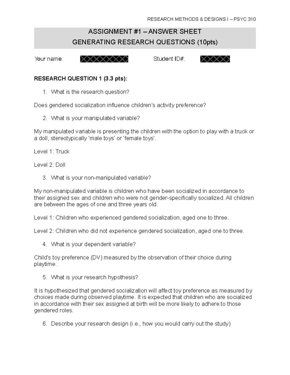 Assignment 1 - Generating Research Questions - Answer sheet ...
