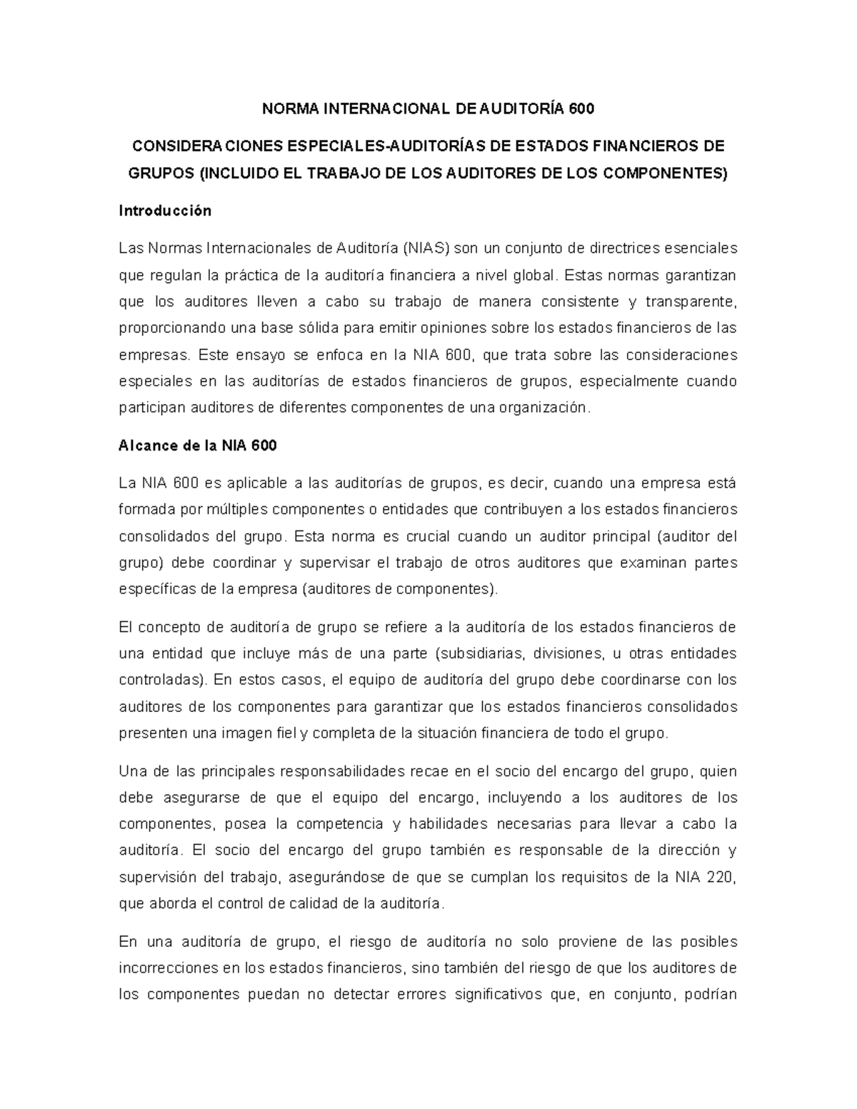 NIA 600 - Ensayo - NORMA INTERNACIONAL DE AUDITORÍA 600 CONSIDERACIONES ...