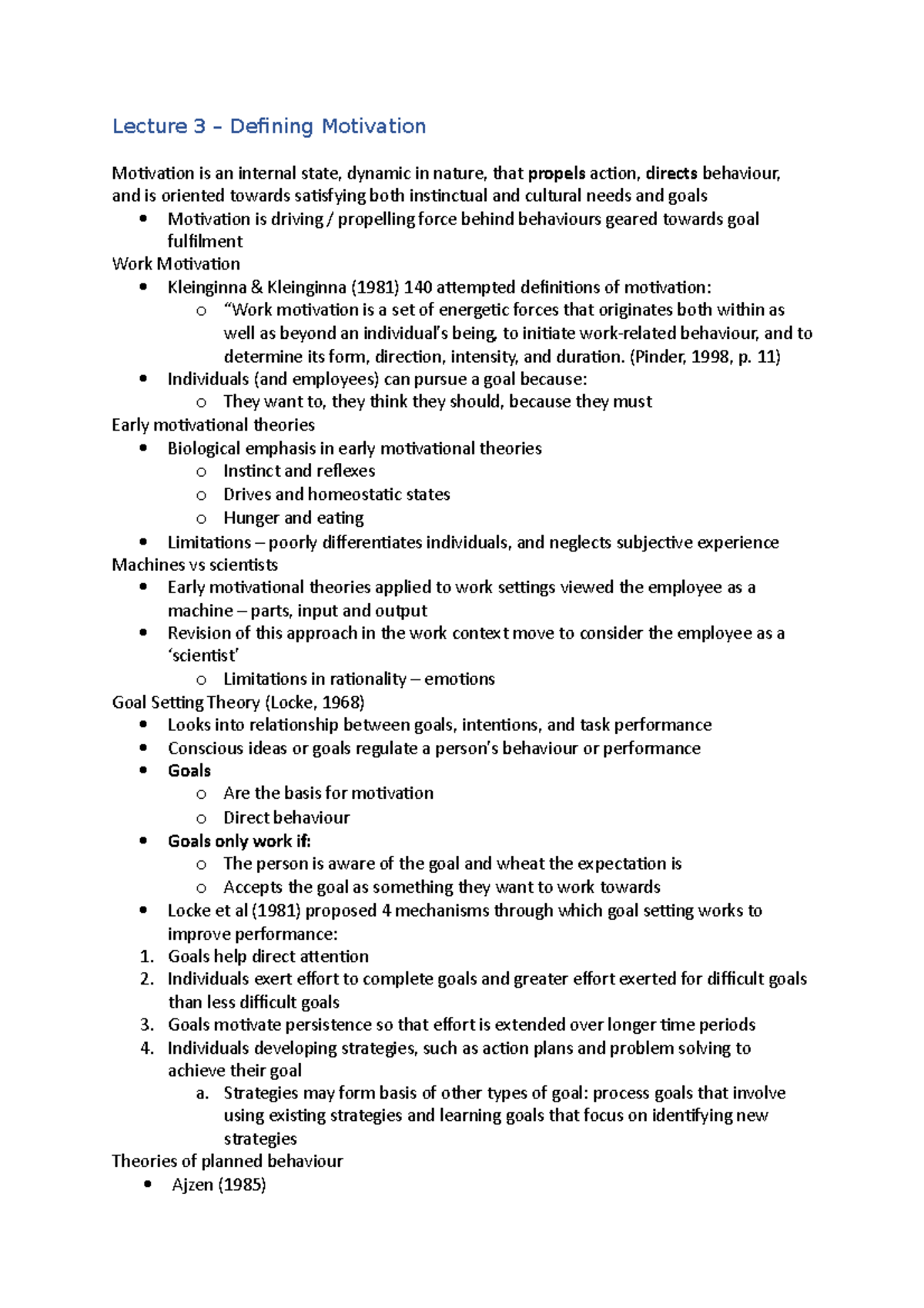 PSY391 Lecture 3 - Lecture 3 – Defining Motivation Motivation is an ...