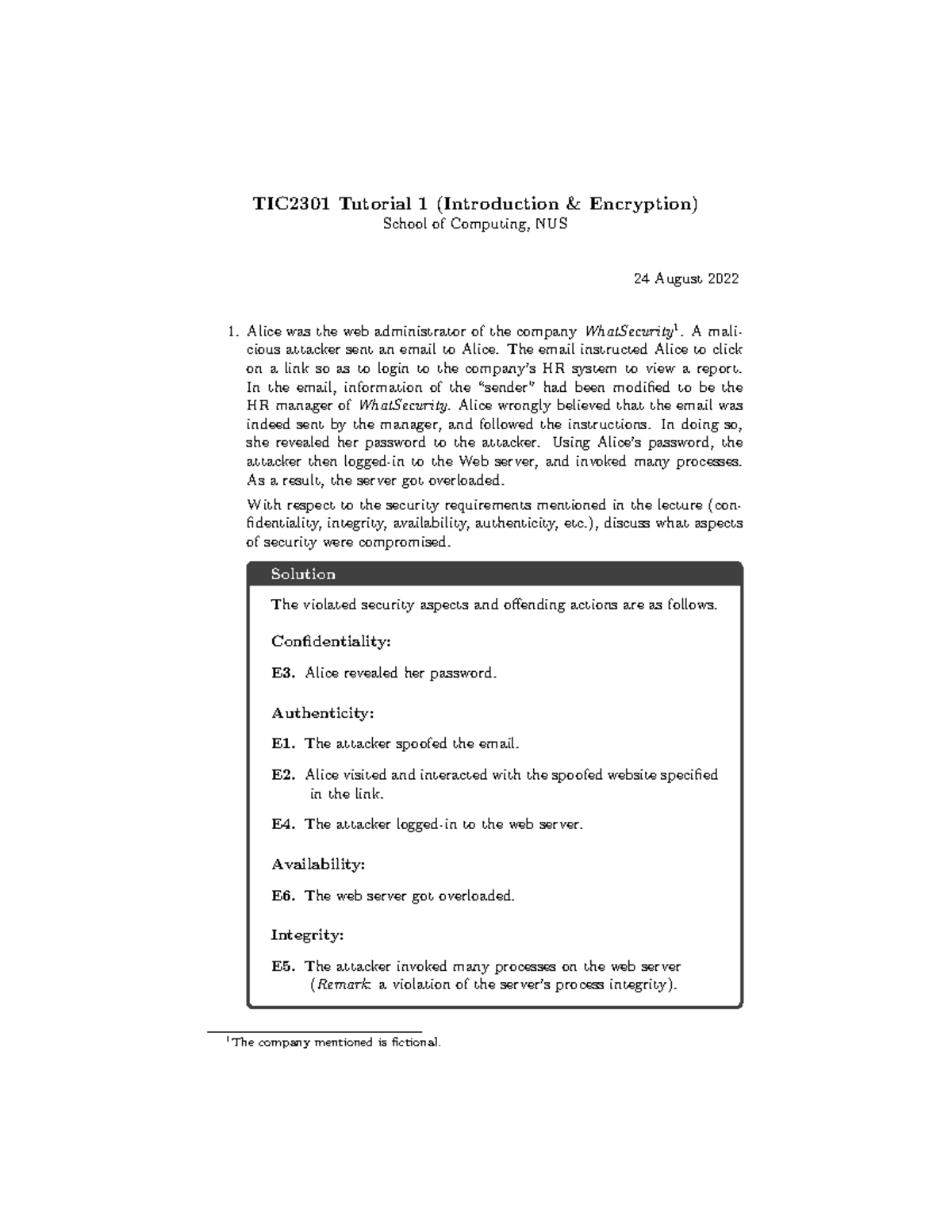 TIC2301 Tutorial 1 Answers - TIC2301 Tutorial 1 (Introduction & Encryption) School of Computing ...