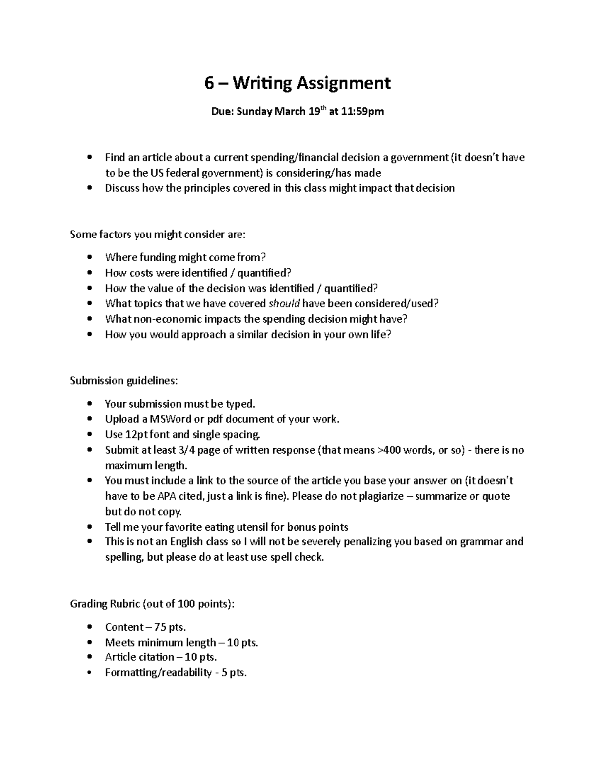 Document - Writing Assignment - 6 – Writing Assignment Due: Sunday ...