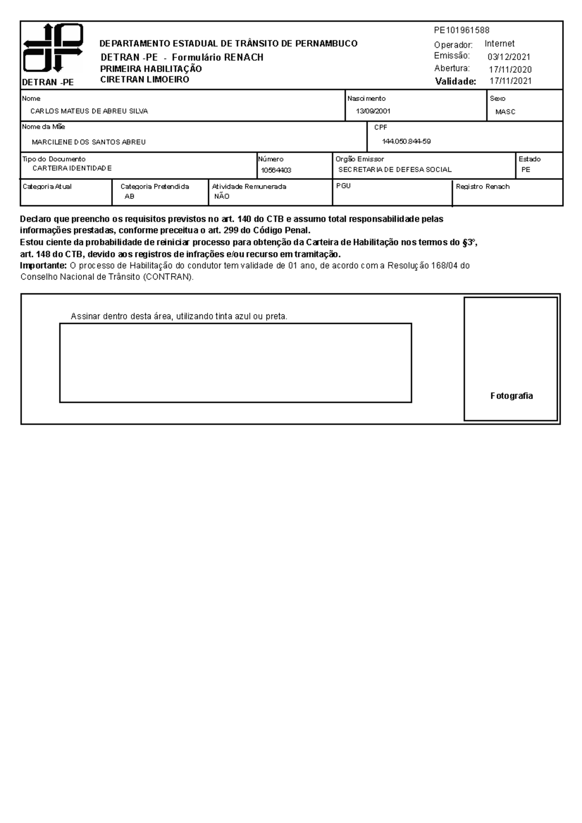 Formulario Renach 14405084459 - DEPARTAMENTO ESTADUAL DE TRÂNSITO DE ...