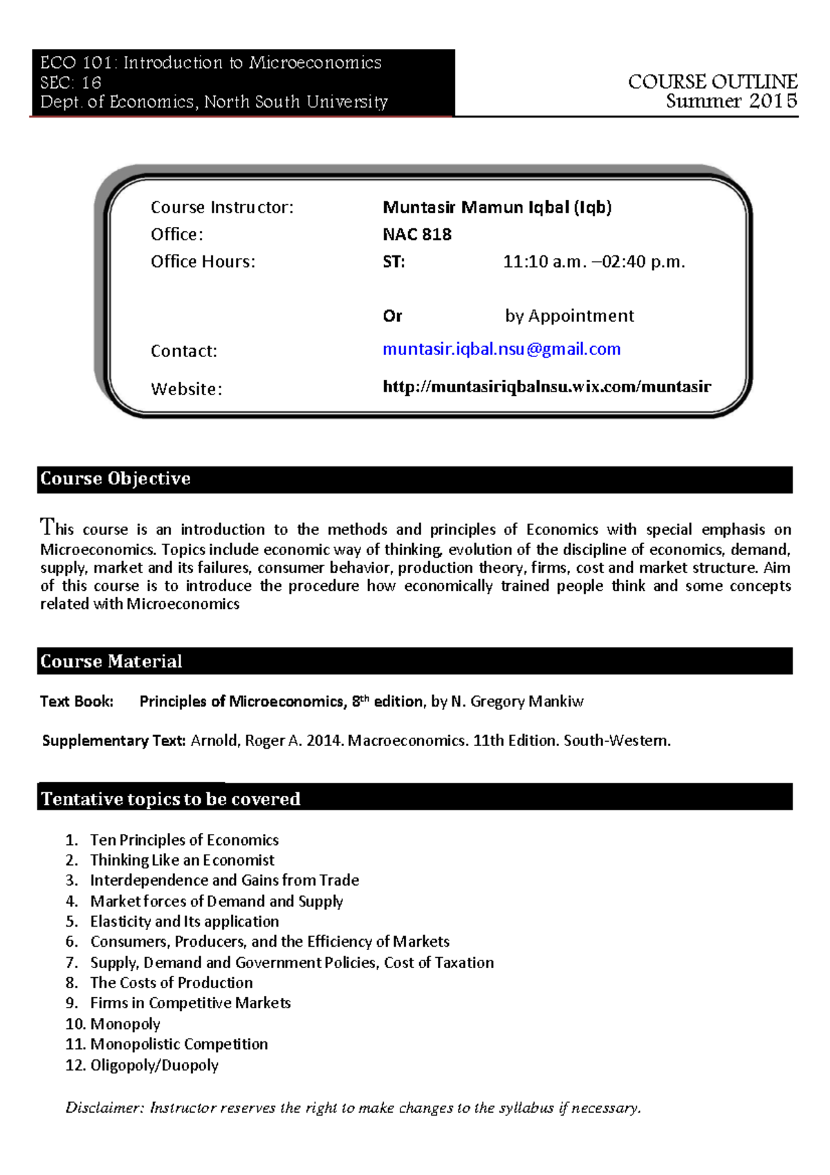Eco 101 Course outline 2015 - ECO 101: Introduction to Microeconomics ...
