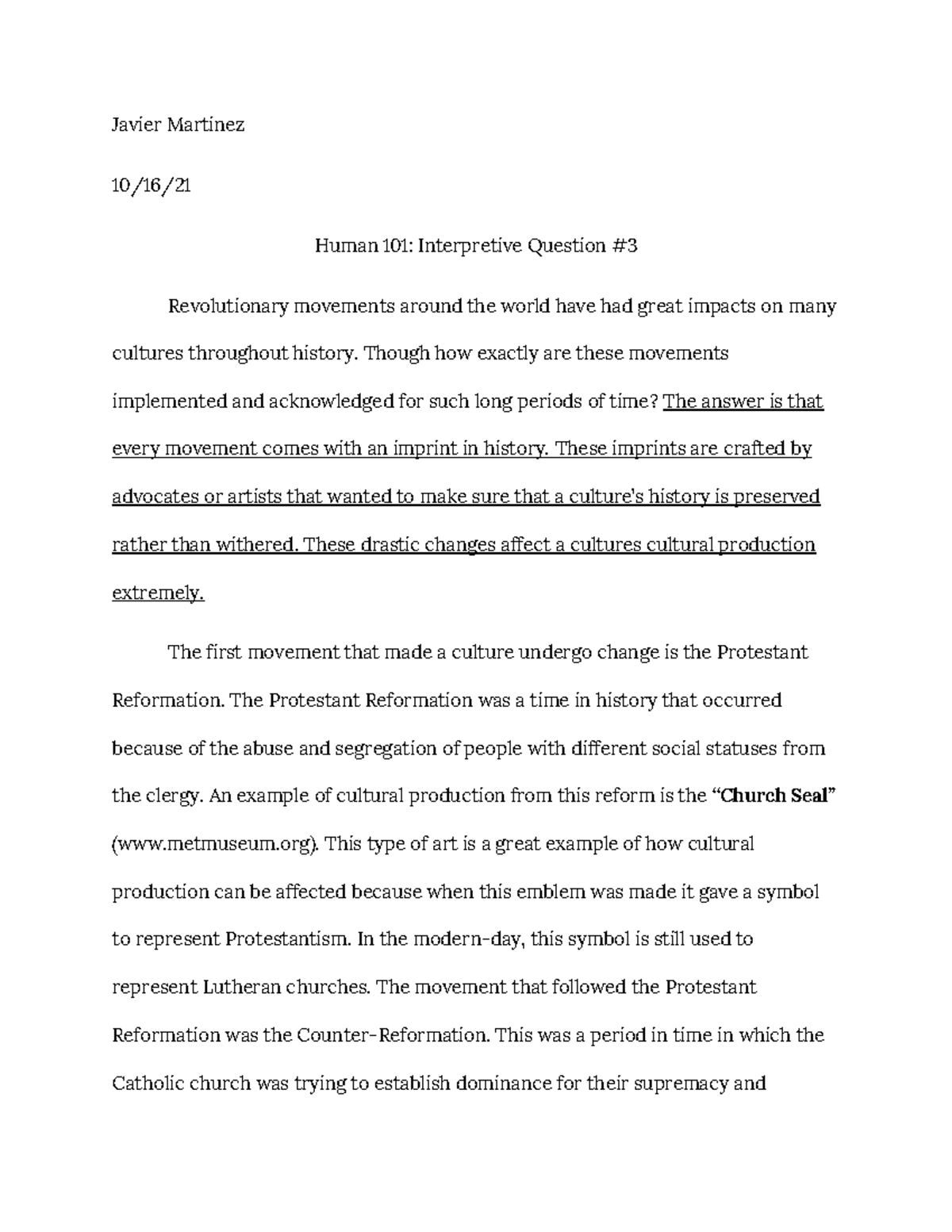 Interpretive Question #3 (3) (1) - Javier Martinez 10/16/ Human 101 ...