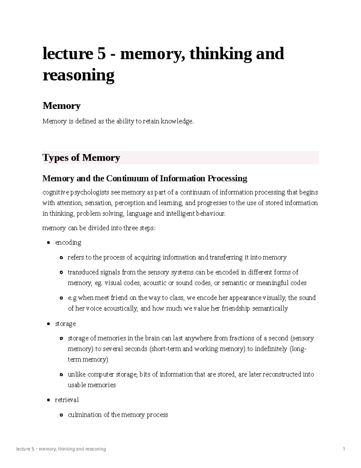 L5 - Memory, Thinking, and Reasoning - lecture 5 - memory, thinking and reasoning Memory Memory ...