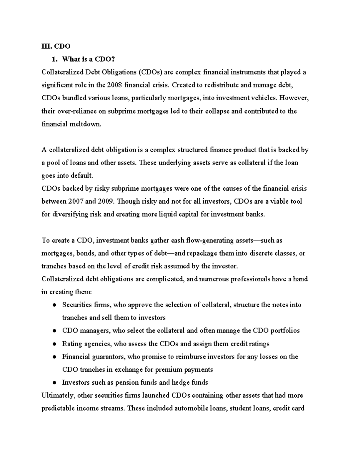 CDO (kim) - ddfff - III. CDO What is a CDO? Collateralized Debt ...