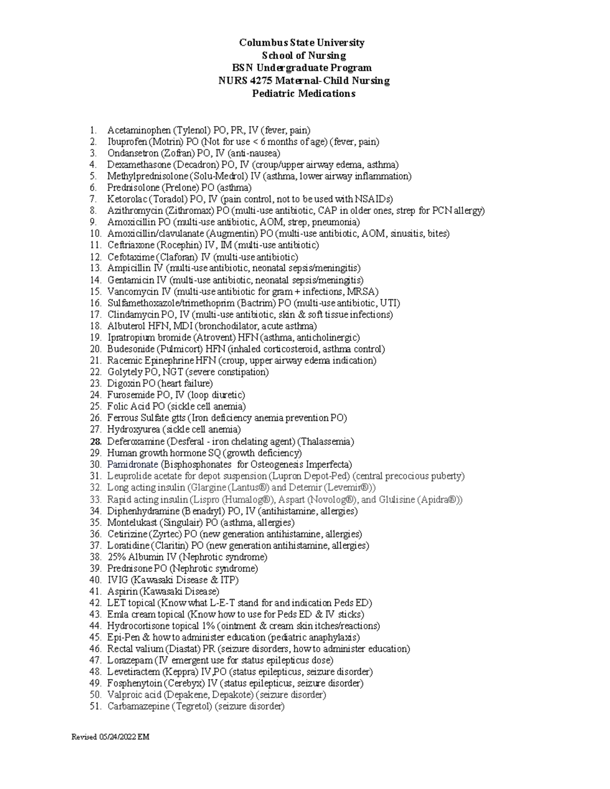 Peds Med list fall 2 - Work - Columbus State University School of ...