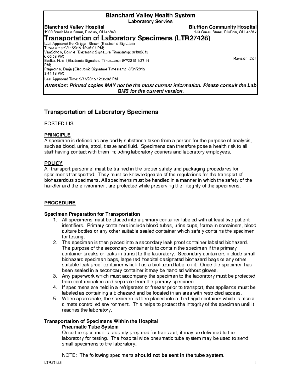 D Transportation of Laboratory Specimens - Blanchard Valley Health ...