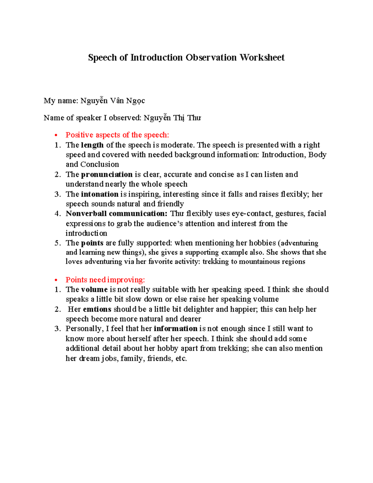 Speech of Introduction Observation Worksheet - The length of the speech ...
