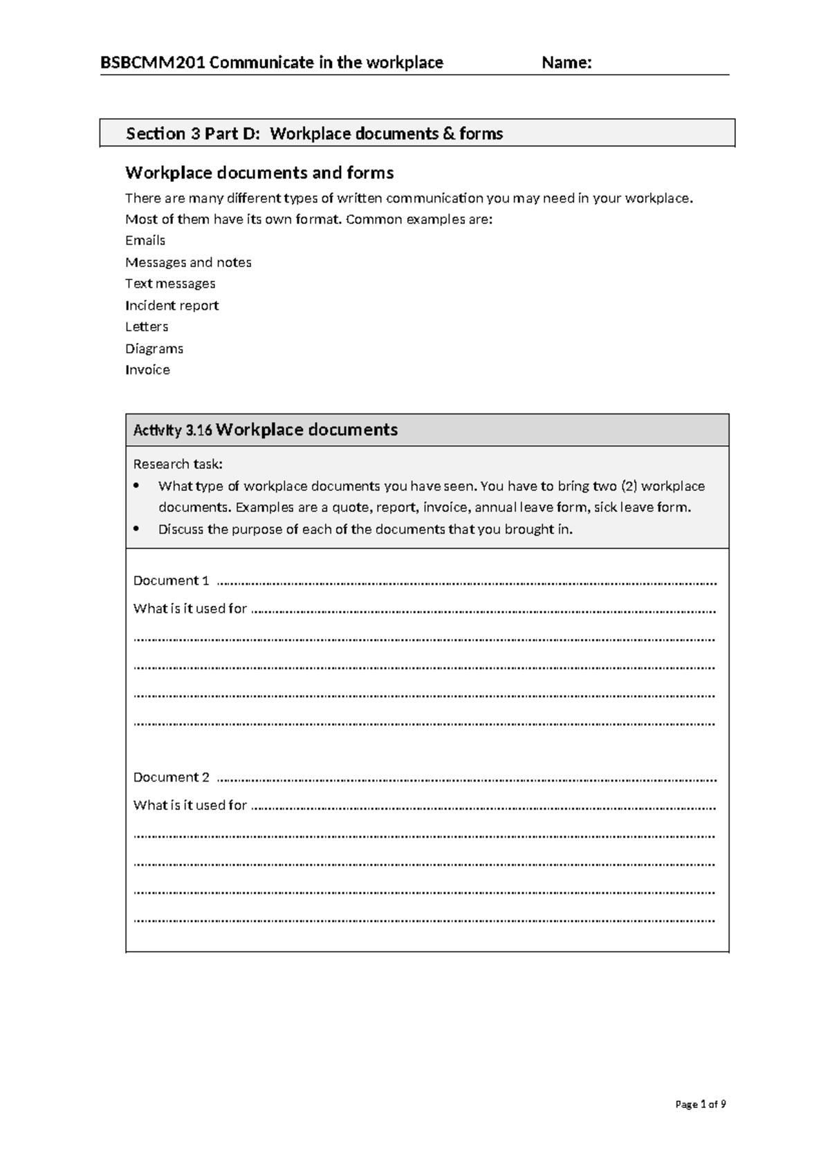 #Portfolio Section 3 Part D Workplace documents & forms Online V2 ...