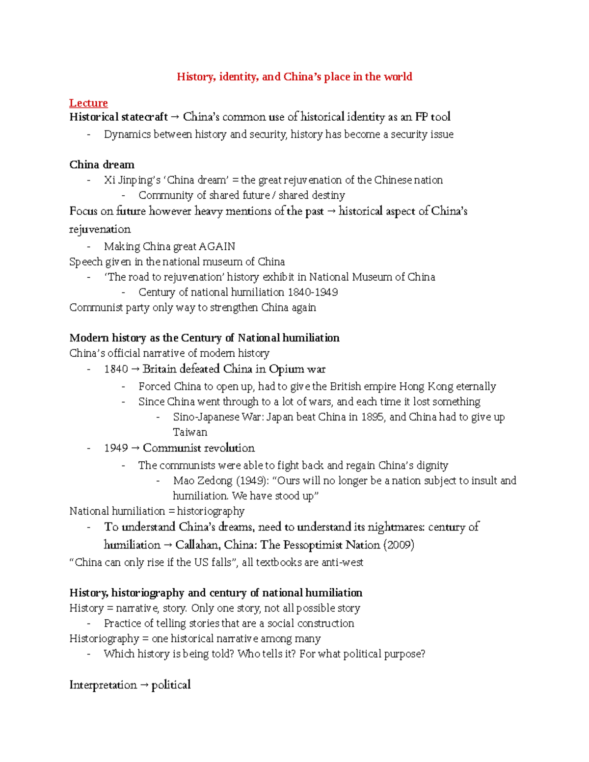 IR345 AT2 - Summary China and the World - History, identity, and China ...