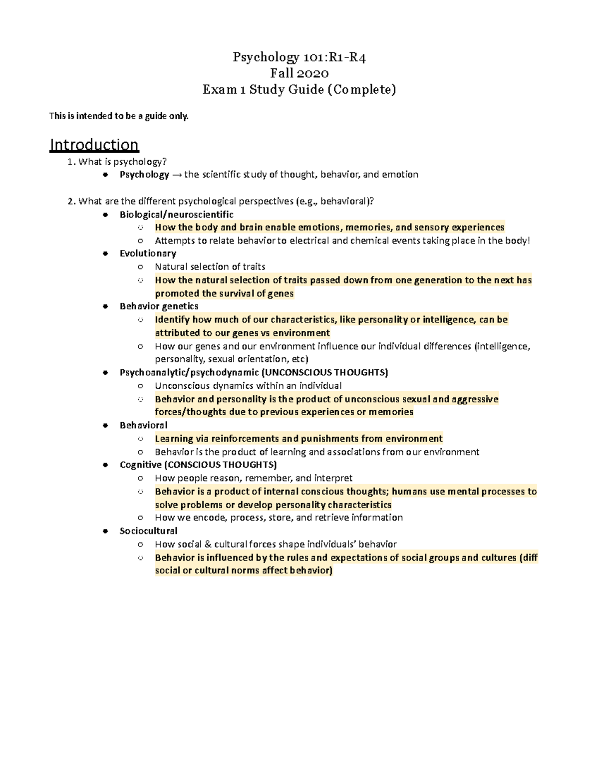 Gen Psych Exam 1 Study Guide - Psychology 101:R1-R Fall 2020 Exam 1 ...