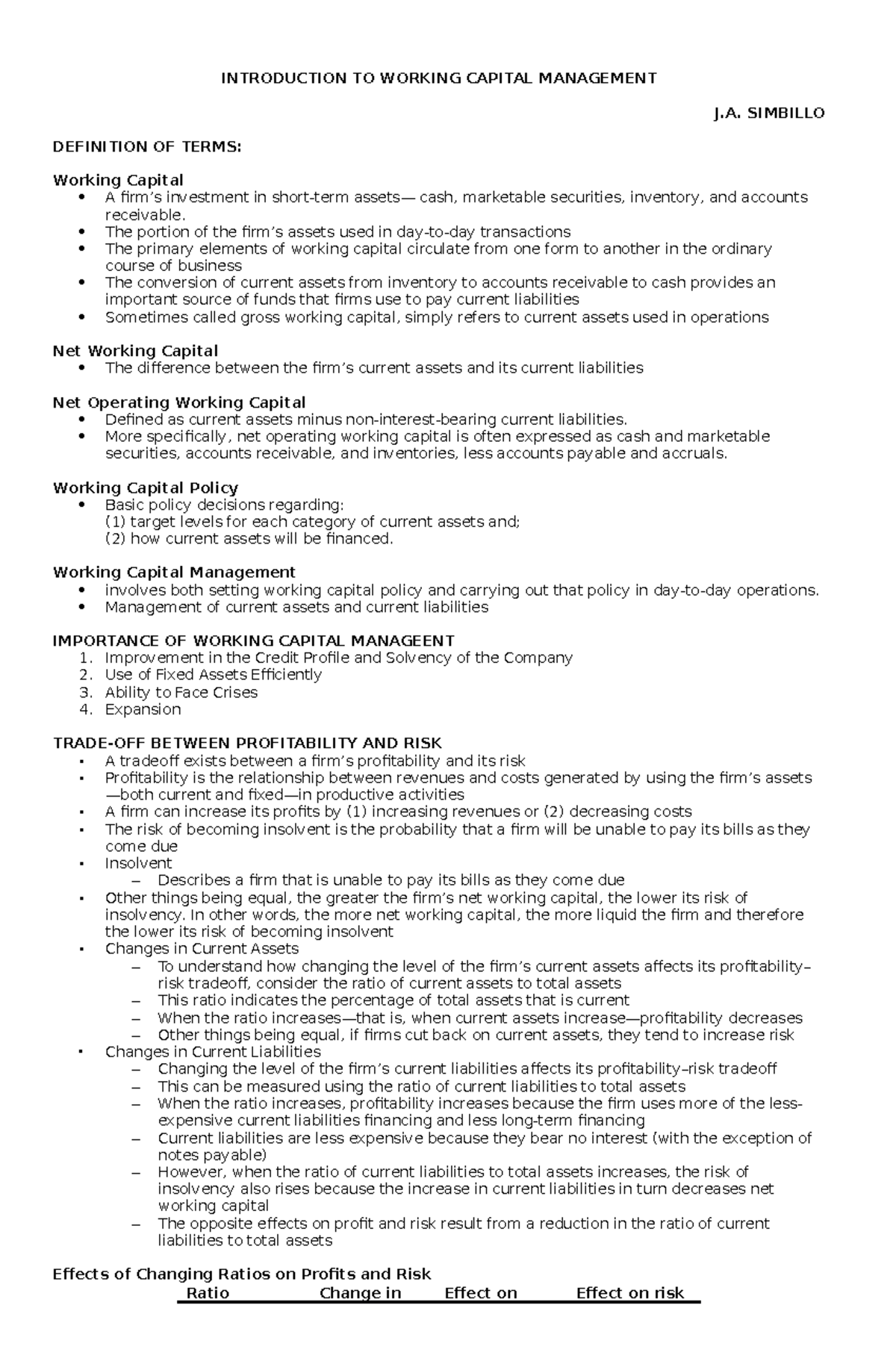 Handout - Introduction to Working Capital Management - INTRODUCTION TO ...