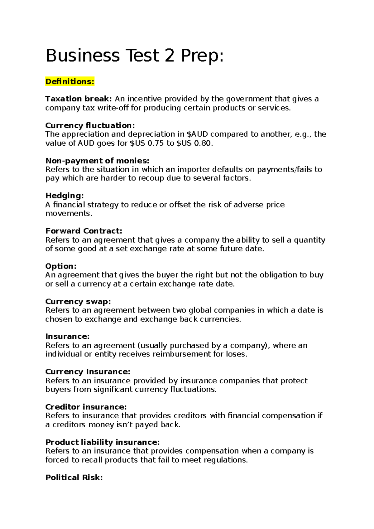 Test 2 Business Prep - Business Test 2 Prep: Definitions: Taxation ...