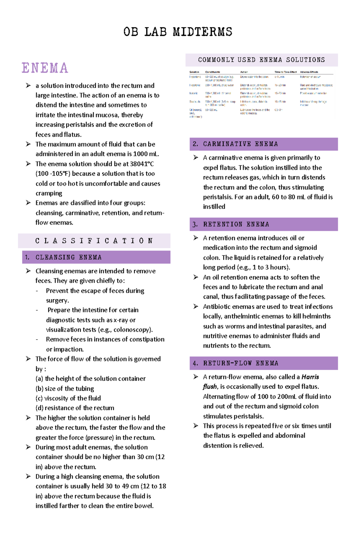 OB LAB Midterms - OB LAB REVIEWER - ENEMA a solution introduced into ...