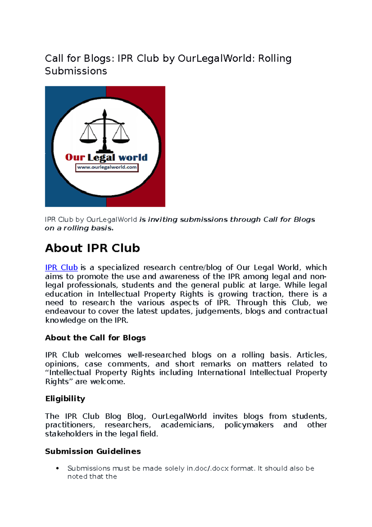 Call for Blogs IPR Club by Our Legal World Rolling Submissions - Call ...