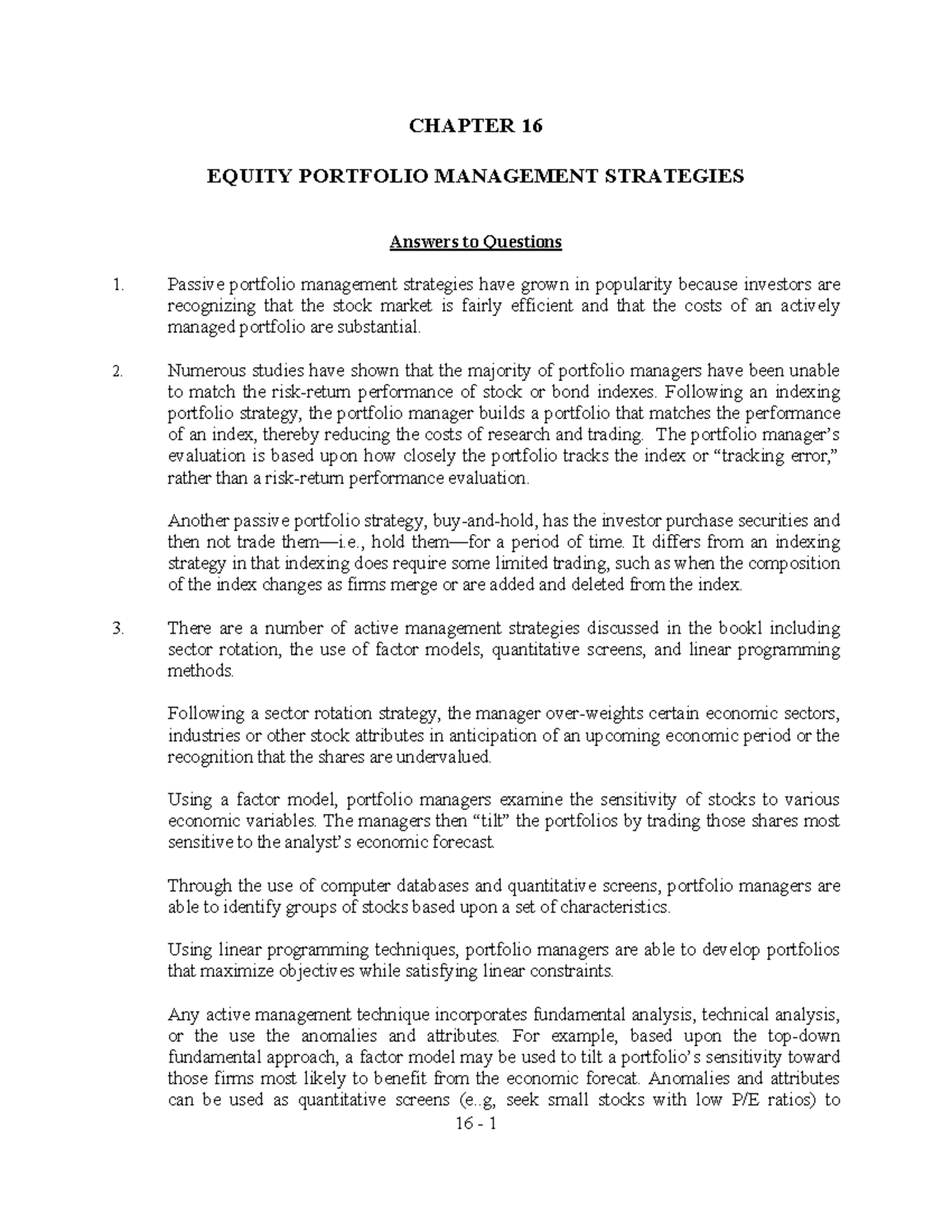 Pdfcoffee.com ch-16-7-pdf-free - CHAPTER 16 EQUITY PORTFOLIO MANAGEMENT STRATEGIES Answers to ...