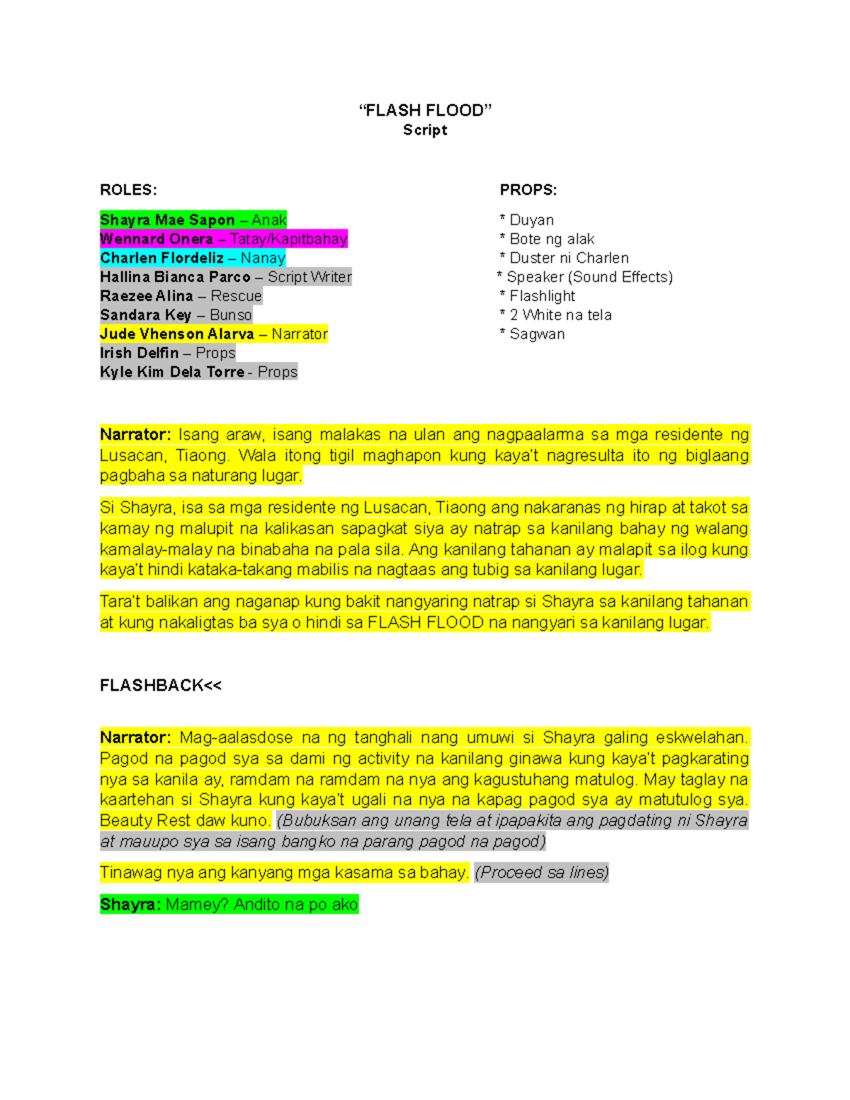 Flash Flood - Natural Disaster - “FLASH FLOOD” Script ROLES: PROPS: Shayra Mae Sapon – Anak ...