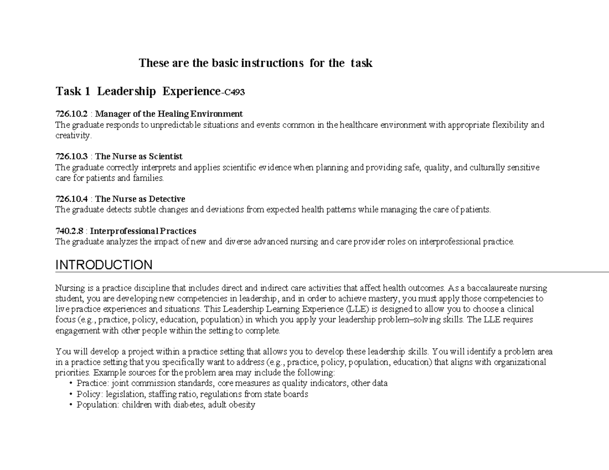 Task 1 Leadership Experience C493 - These are the basic instructions for the task Task 1 ...